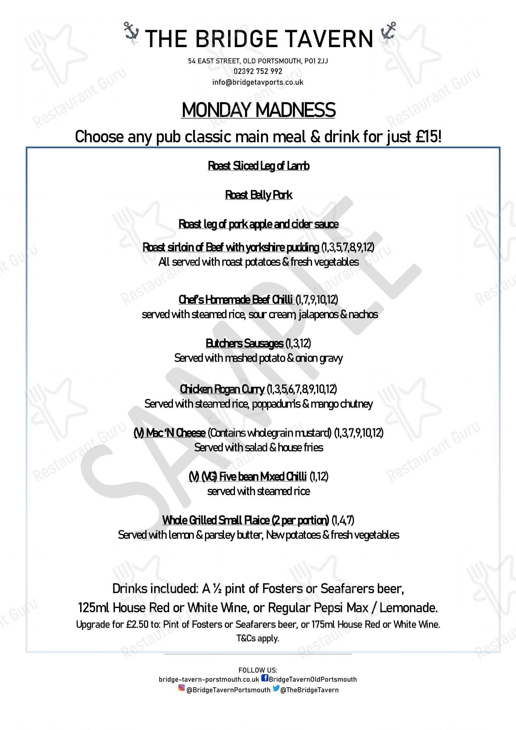 Menu at The Bridge Tavern pub & bar, Portsmouth