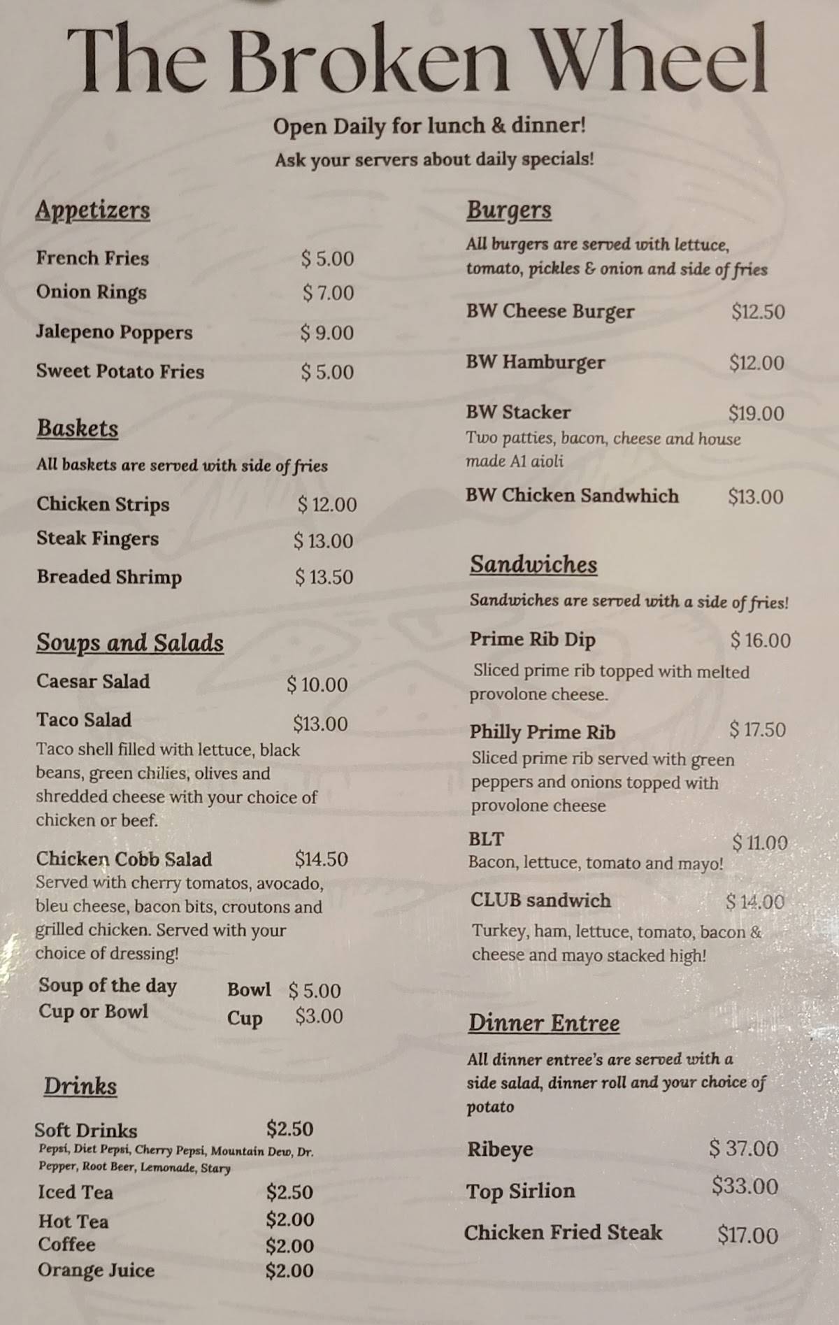 Menu at The Broken Wheel pub & bar, Kellogg