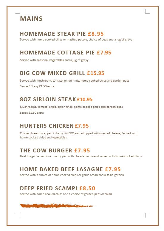 Menu at The Brown Cow pub & bar, Pontefract, Pontefract Rd