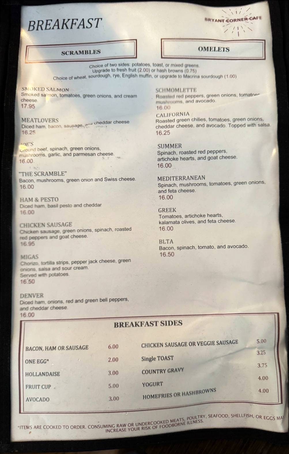 Menu at The Bryant Corner Cafe, Seattle