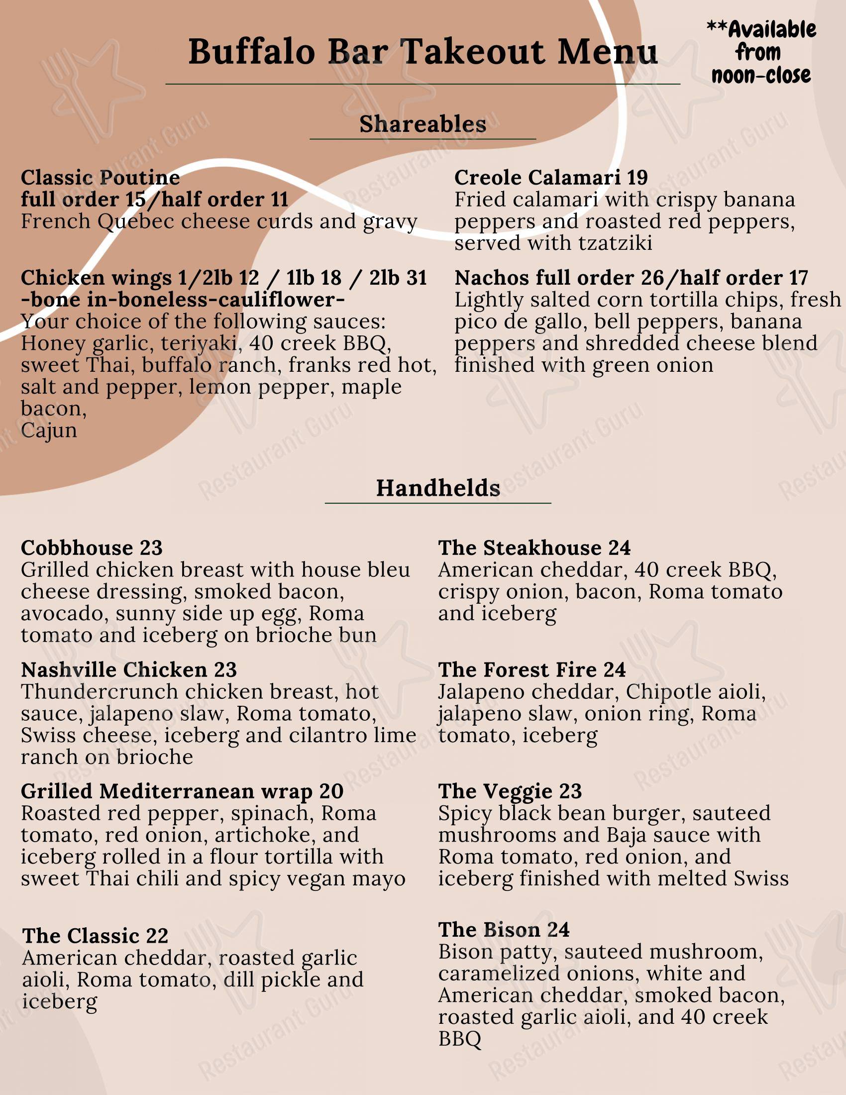 Menu at The Buffalo Bar & Ten Steakhouse, Wasagaming