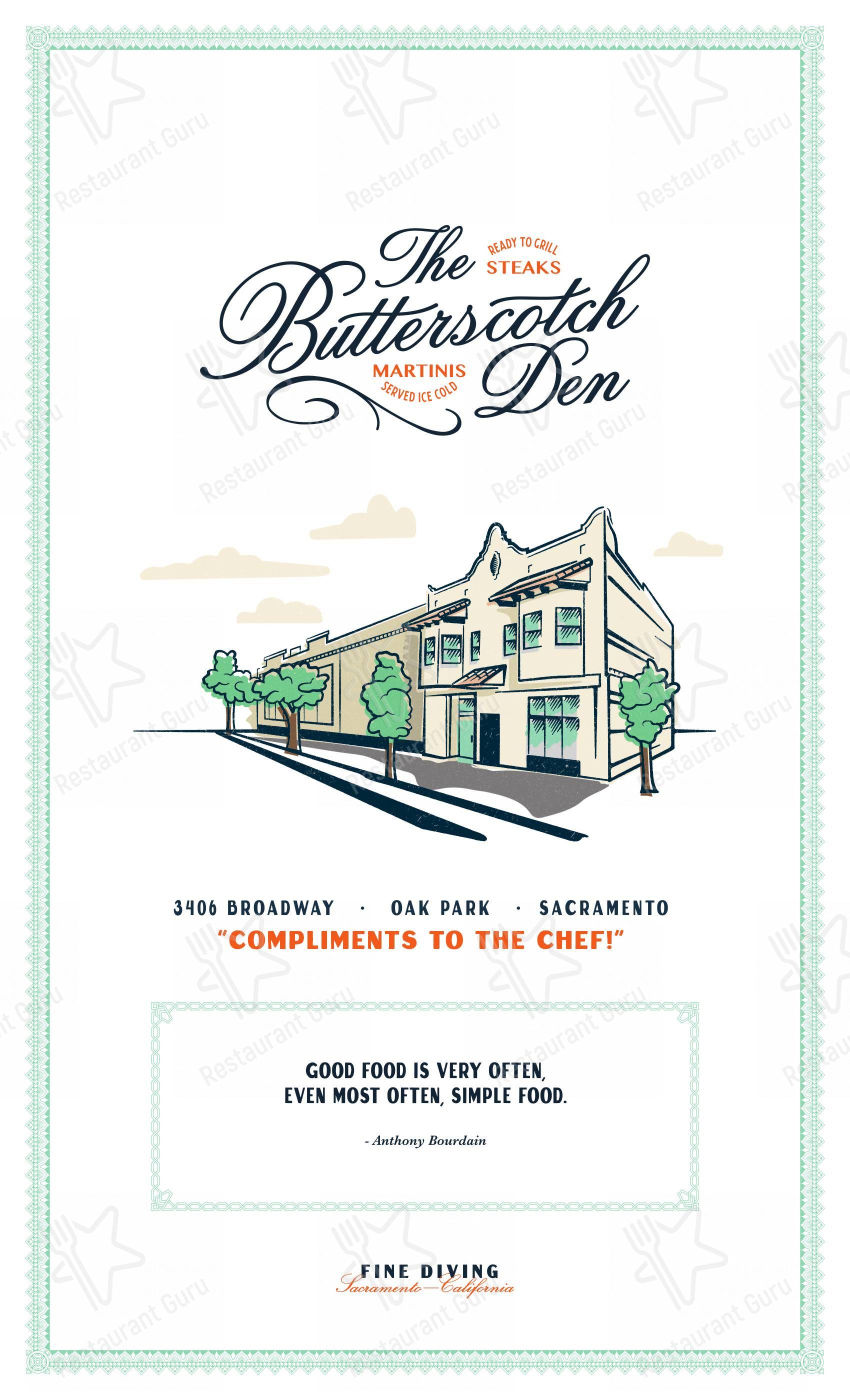 Menu at The Butterscotch Den steakhouse, Sacramento