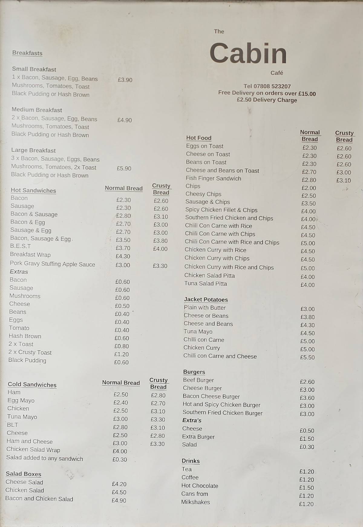 Menu at The Cabin Cafe, Kingswinford, Unit 1 Dawley Brook Rd