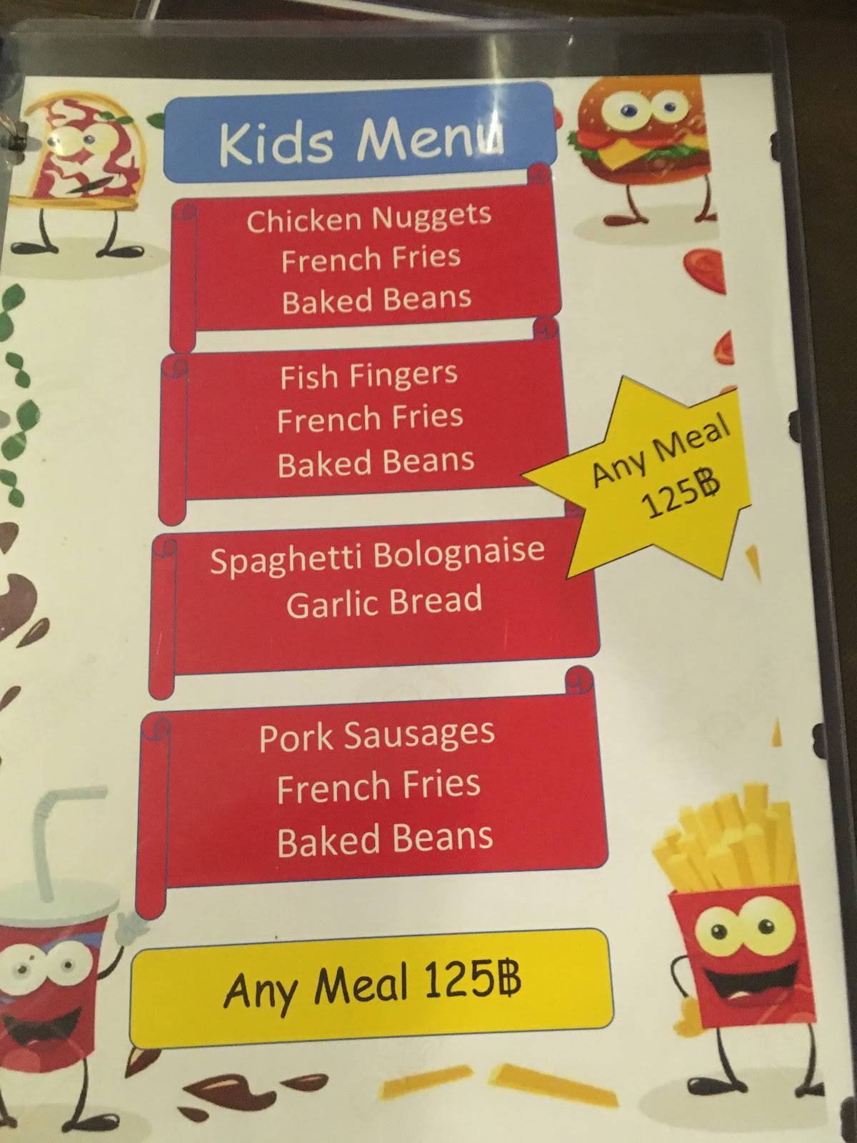 Menu at The Caddy Shack restaurant, Pattaya City