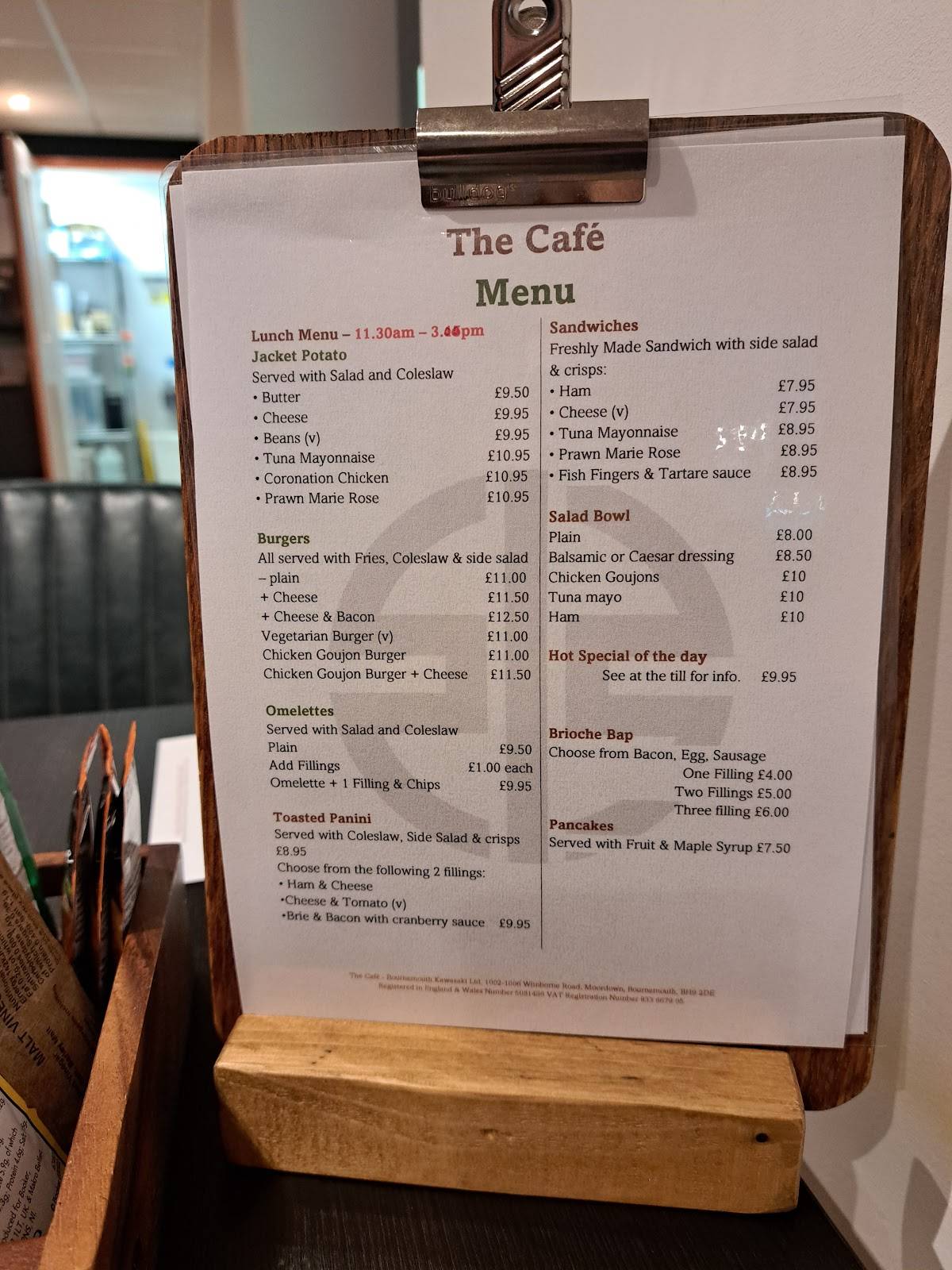 Menu at The Cafe at Bournemouth Kawasaki, Bournemouth