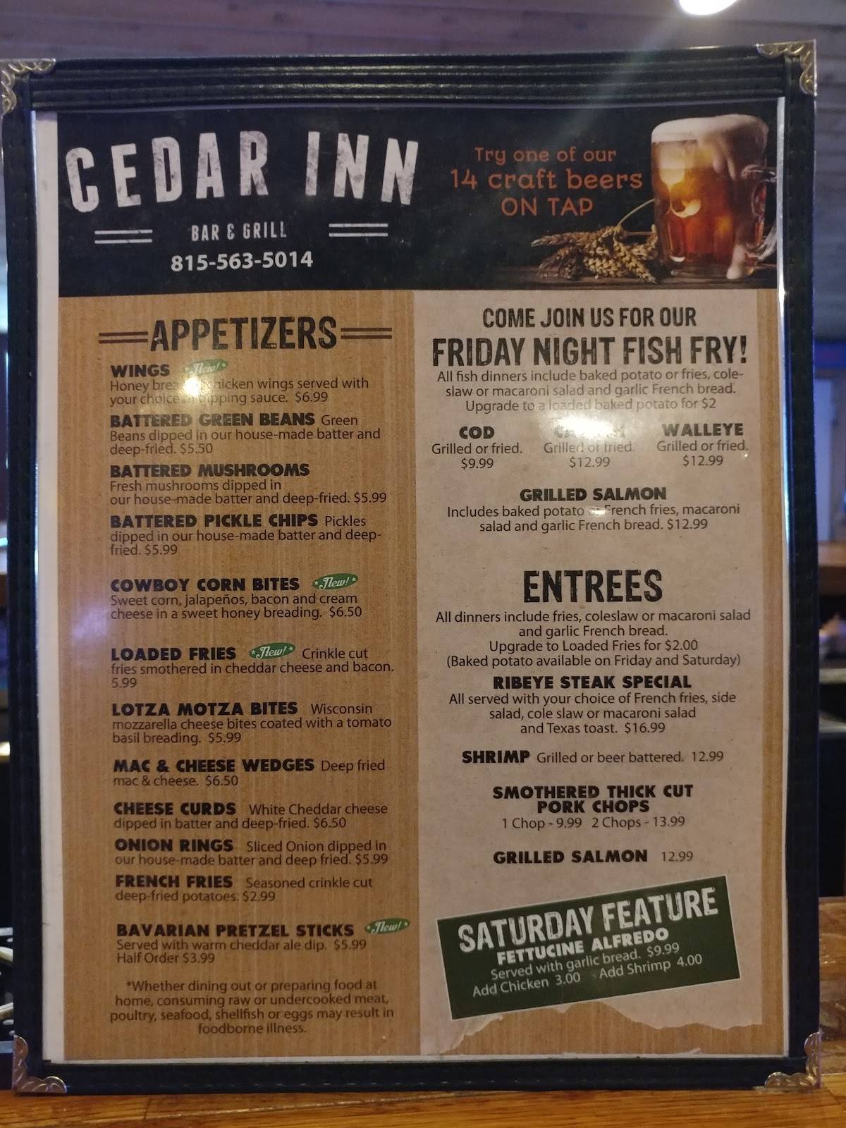 Menu at The Cedar Inn pub & bar, Cedarville