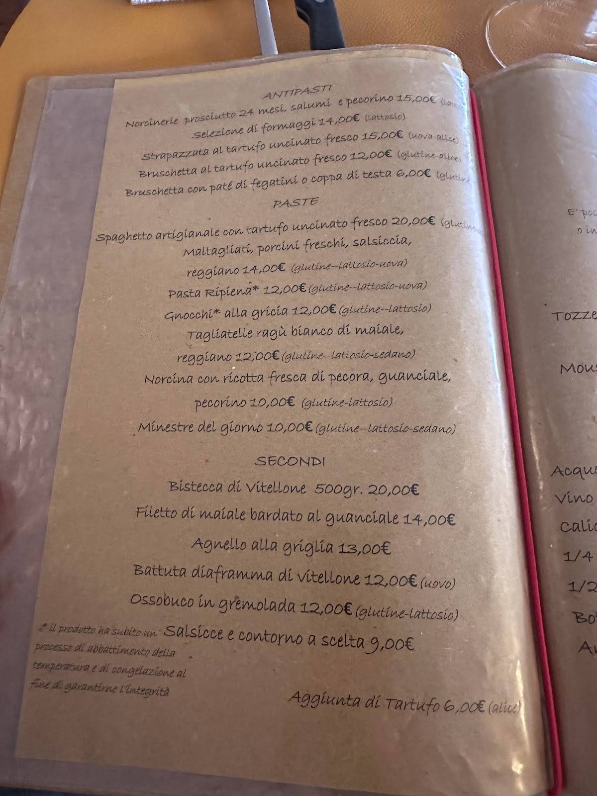Menu da Il Cenacolo ristorante, Norcia