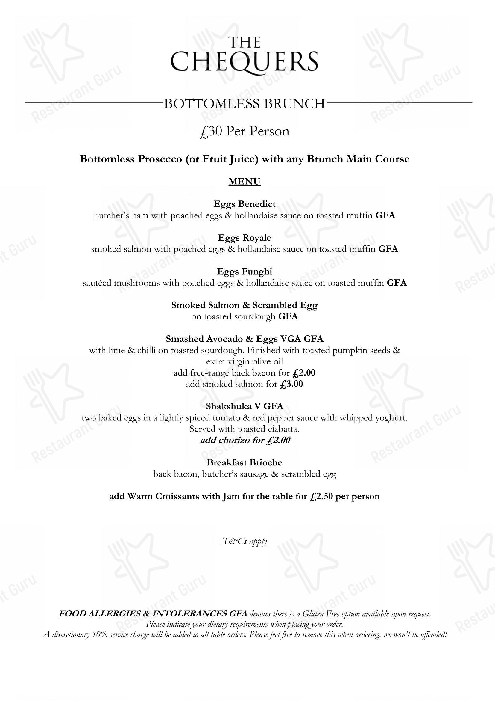 Menu at The Chequers pub & bar, Westoning, Park Rd