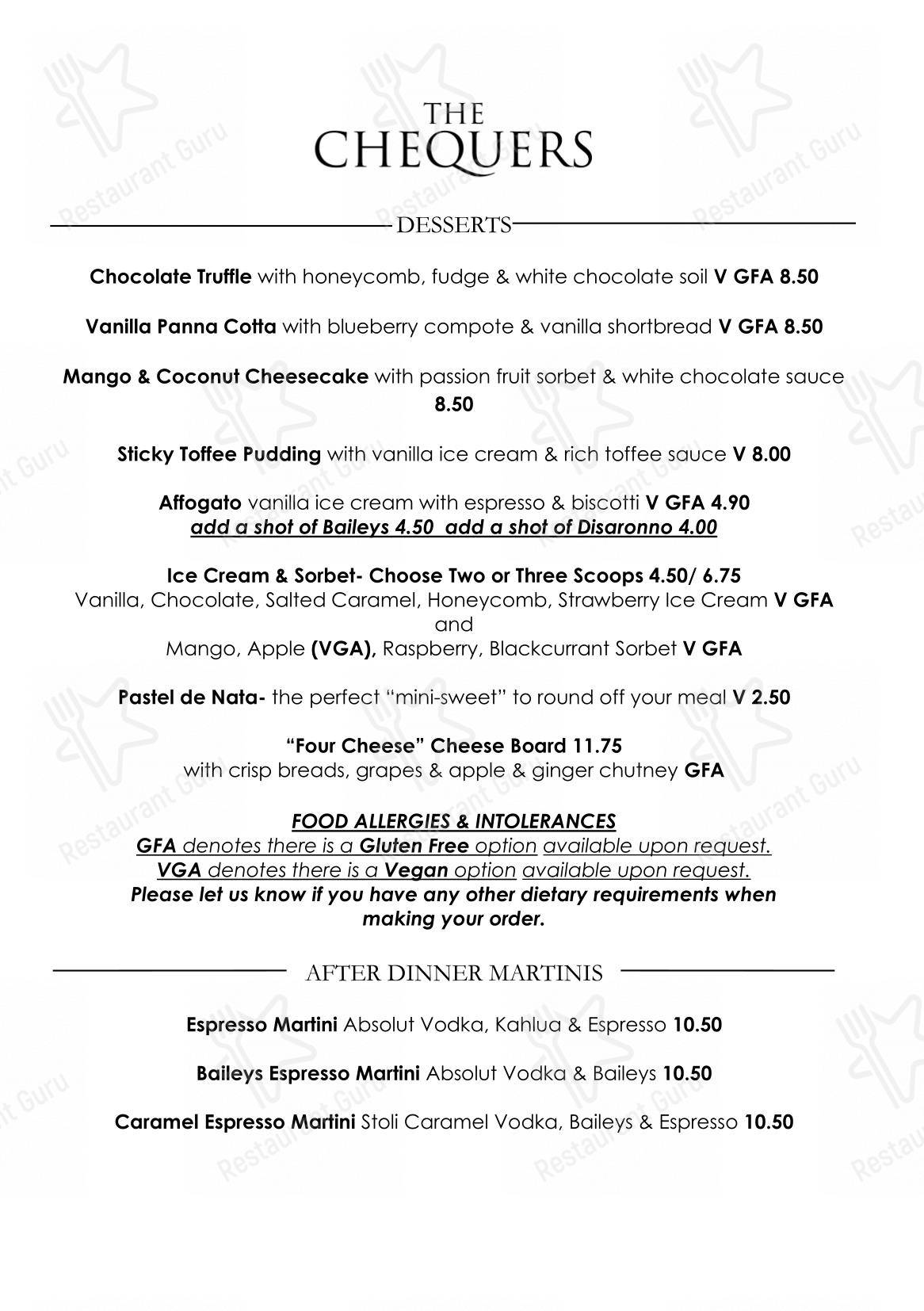 Menu at The Chequers pub & bar, Westoning, Park Rd