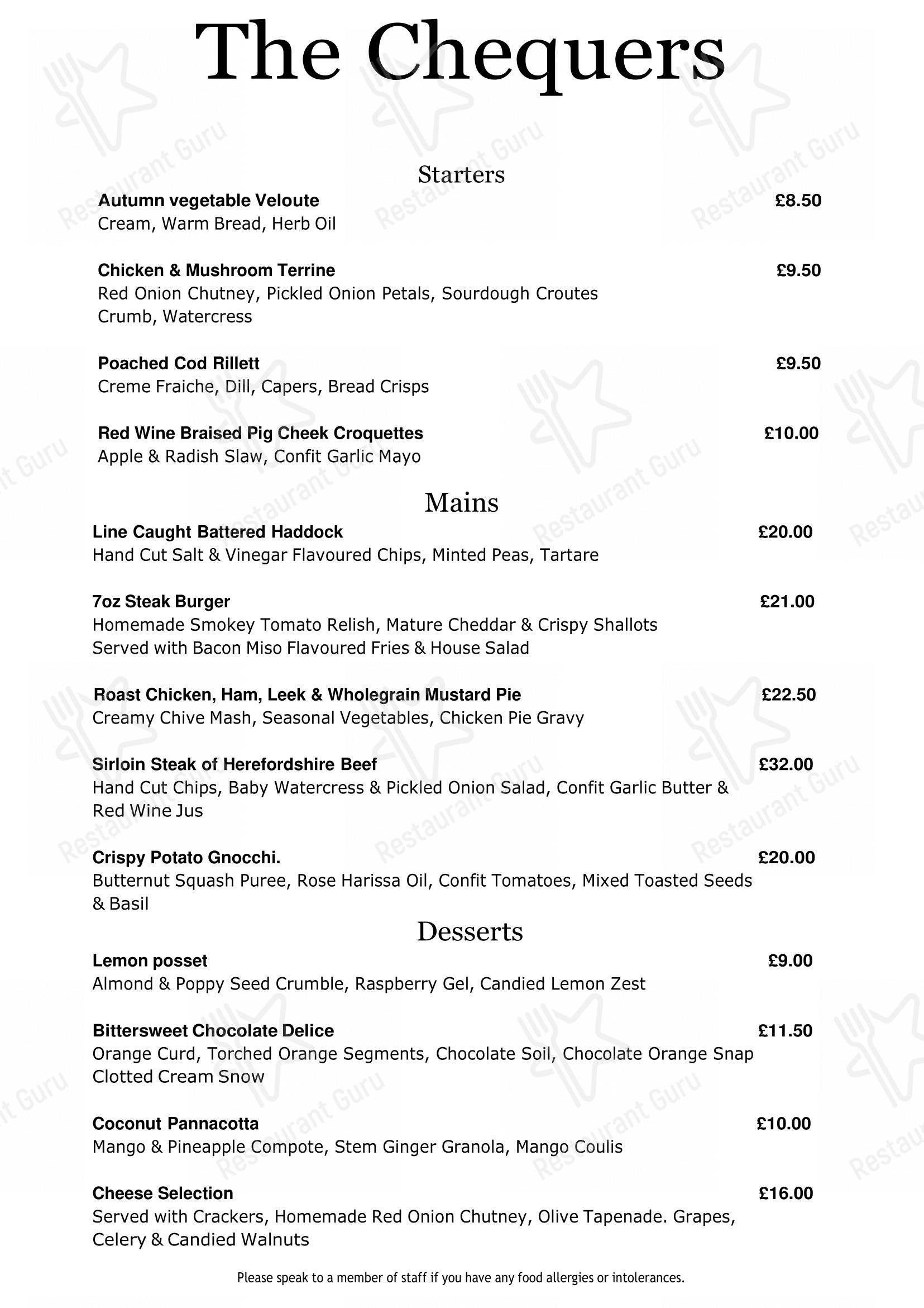 Menu at The Chequers pub & bar, Weston-on-the-Green, Northampton Rd