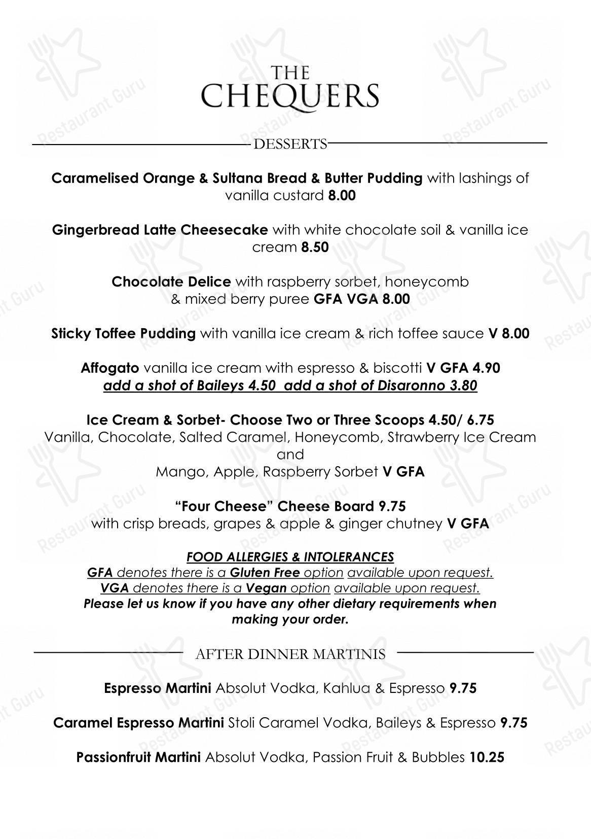 Menu at The Chequers pub & bar, Westoning, Park Rd