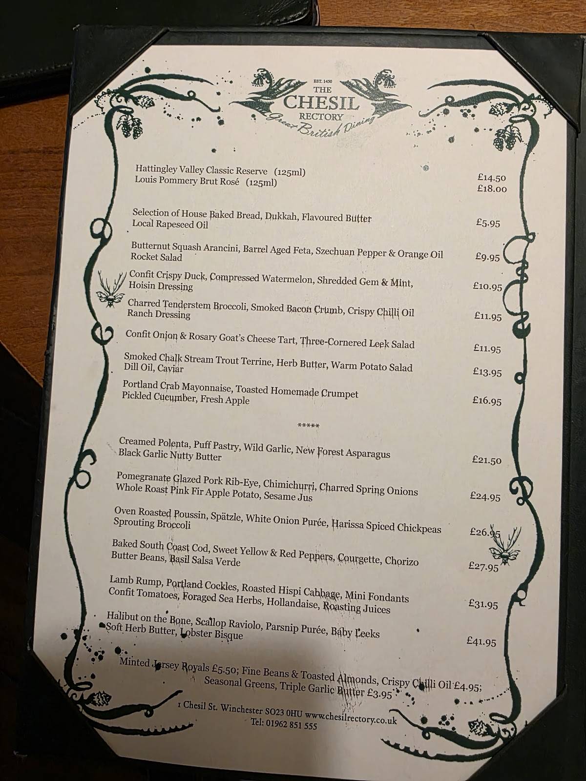 Menu at The Chesil Rectory restaurant, Winchester