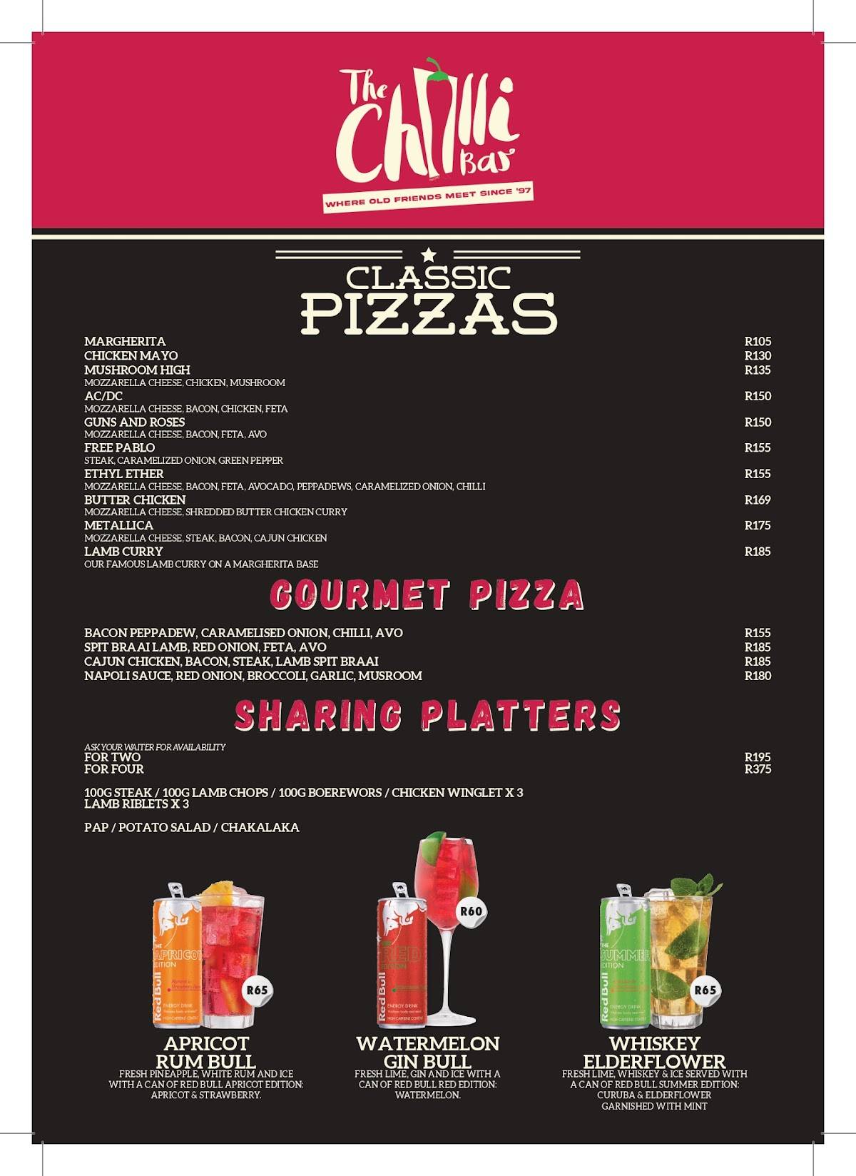 Menu at The Chilli Bar, Cape Town