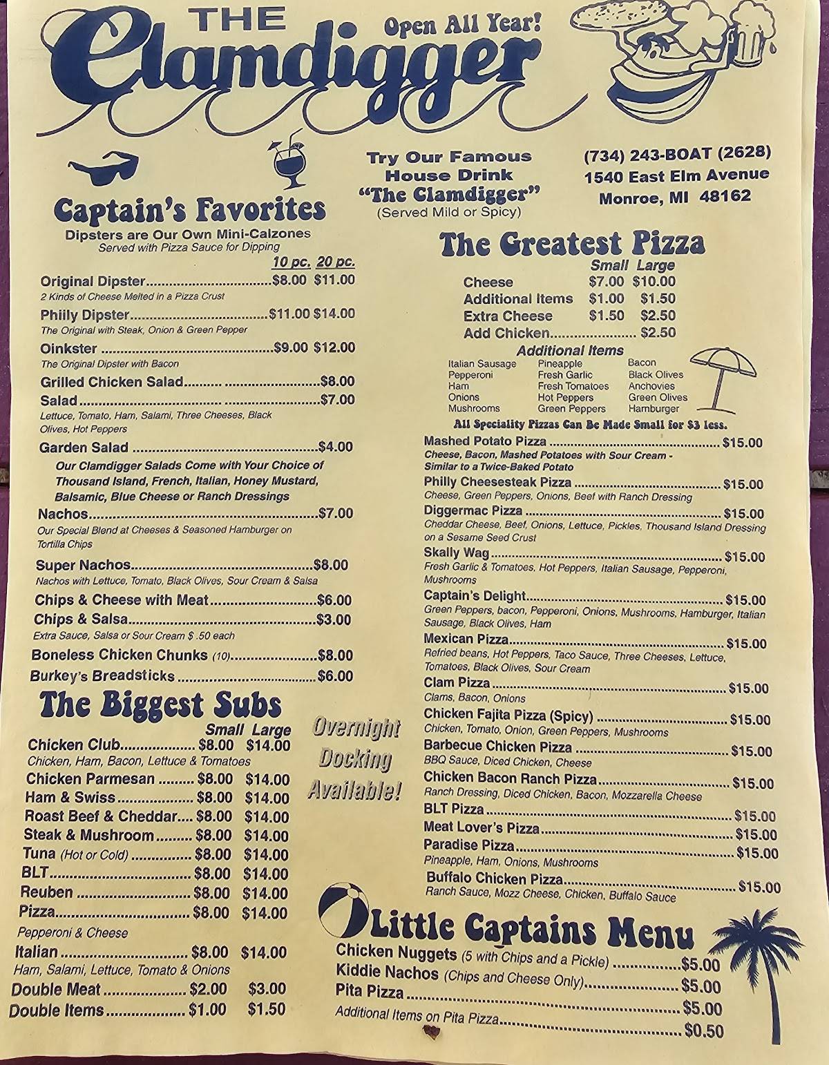 Menu at The Clamdigger pizzeria, Monroe