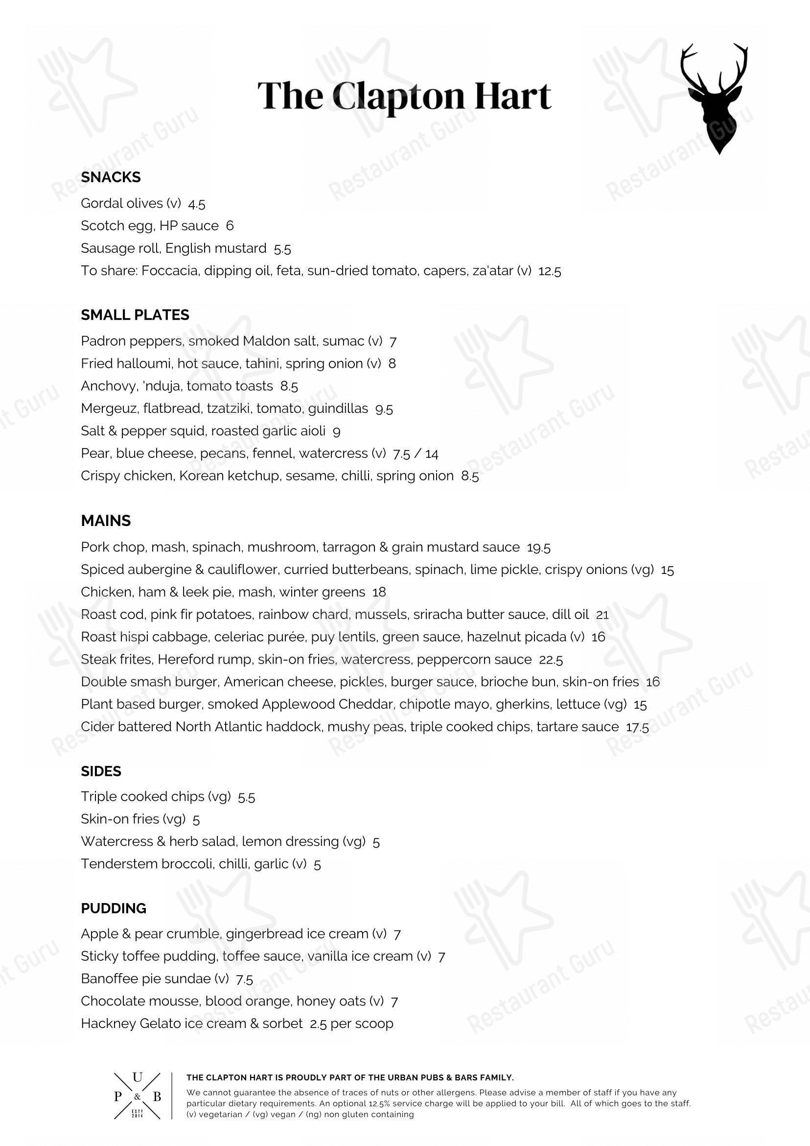 Carta del pub y bar The Clapton Hart, Londres