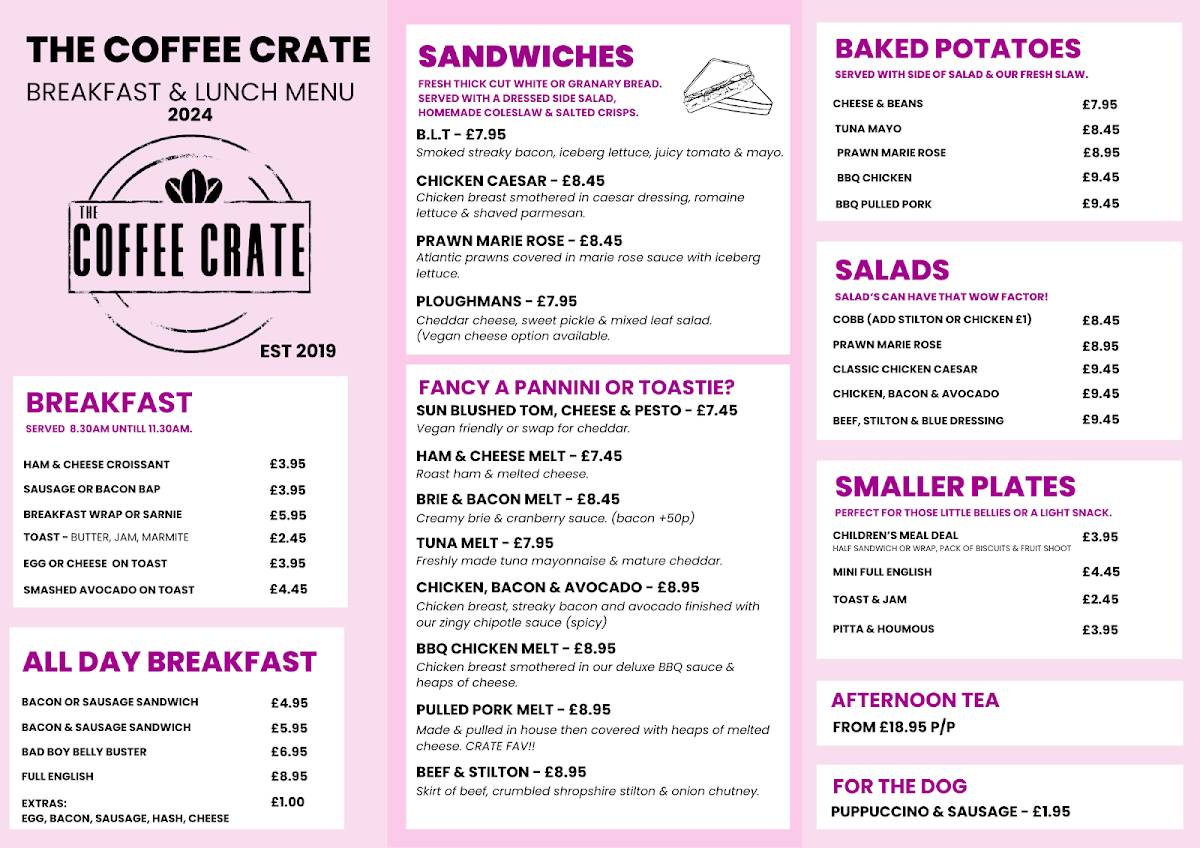 Menu at The Coffee Crate cafe, Tiptree