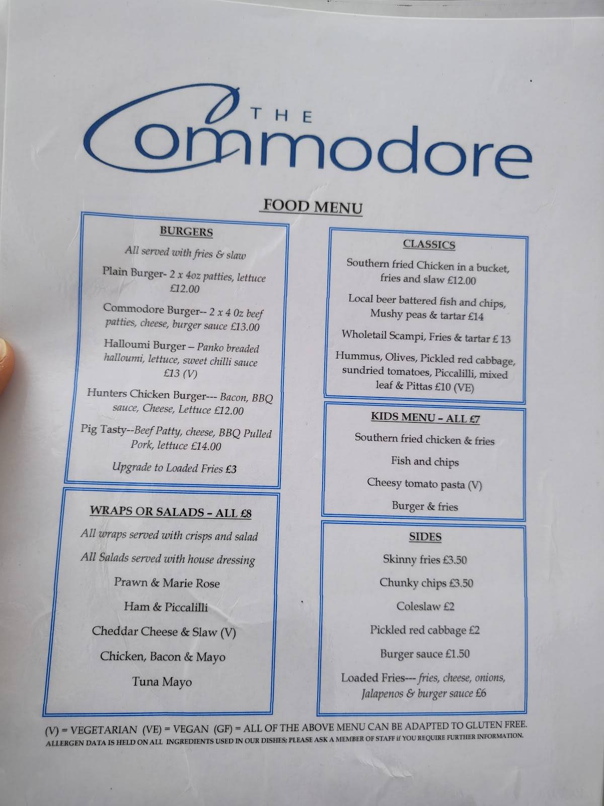 Menu at The Commodore pub & bar, Lowestoft, 15 Commodore Rd