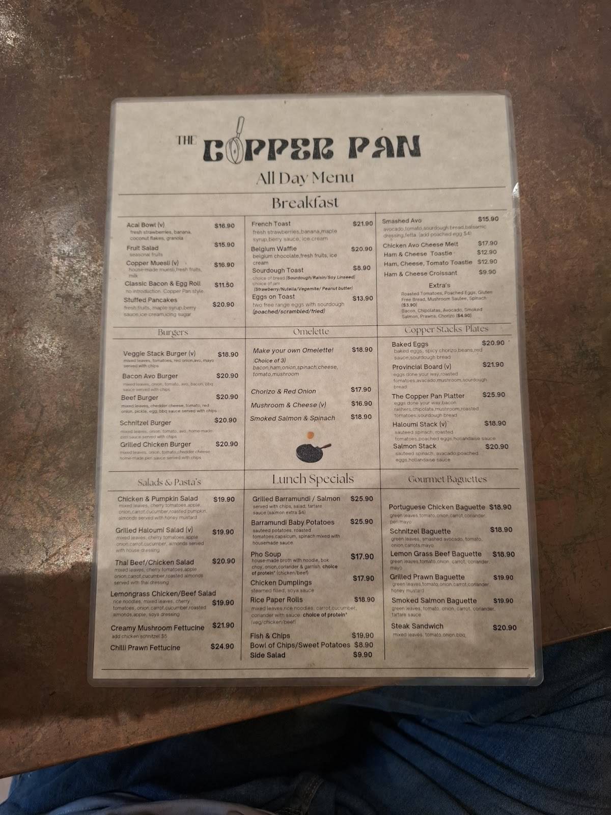 Menu at The Copper Pan cafe, West Pymble