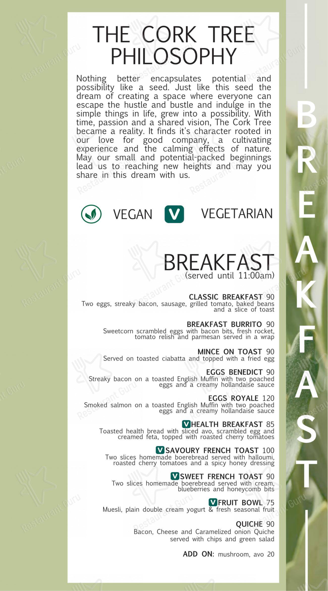 Menu at The Cork Tree restaurant, Krugersdorp