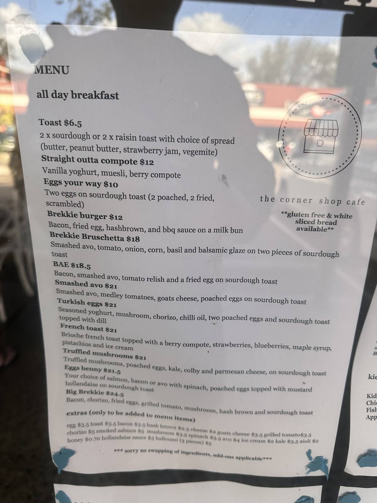 Menu at The Corner Shop Cafe, Quakers Hill