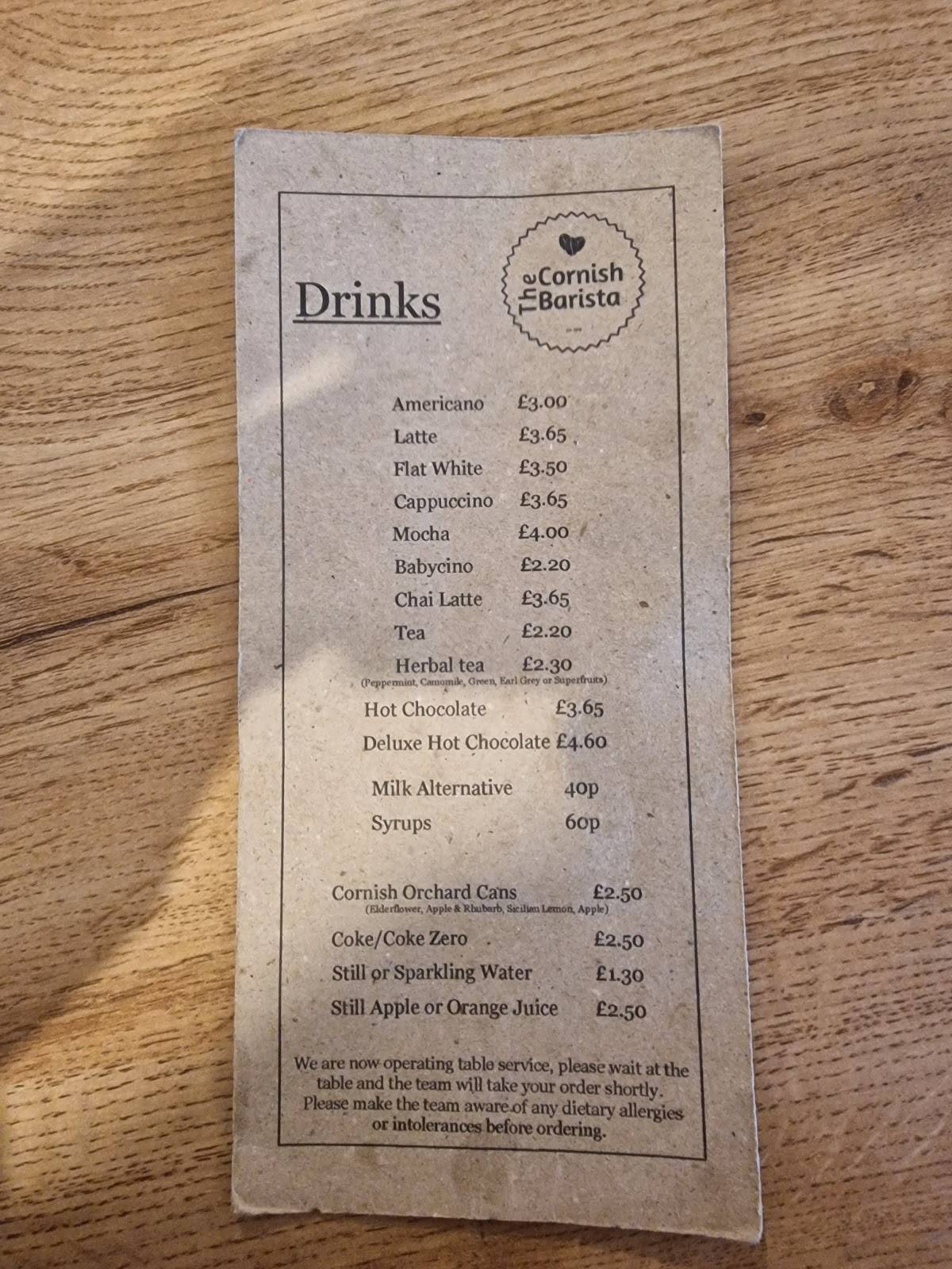 Menu at The Cornish Barista - Penrose, Truro