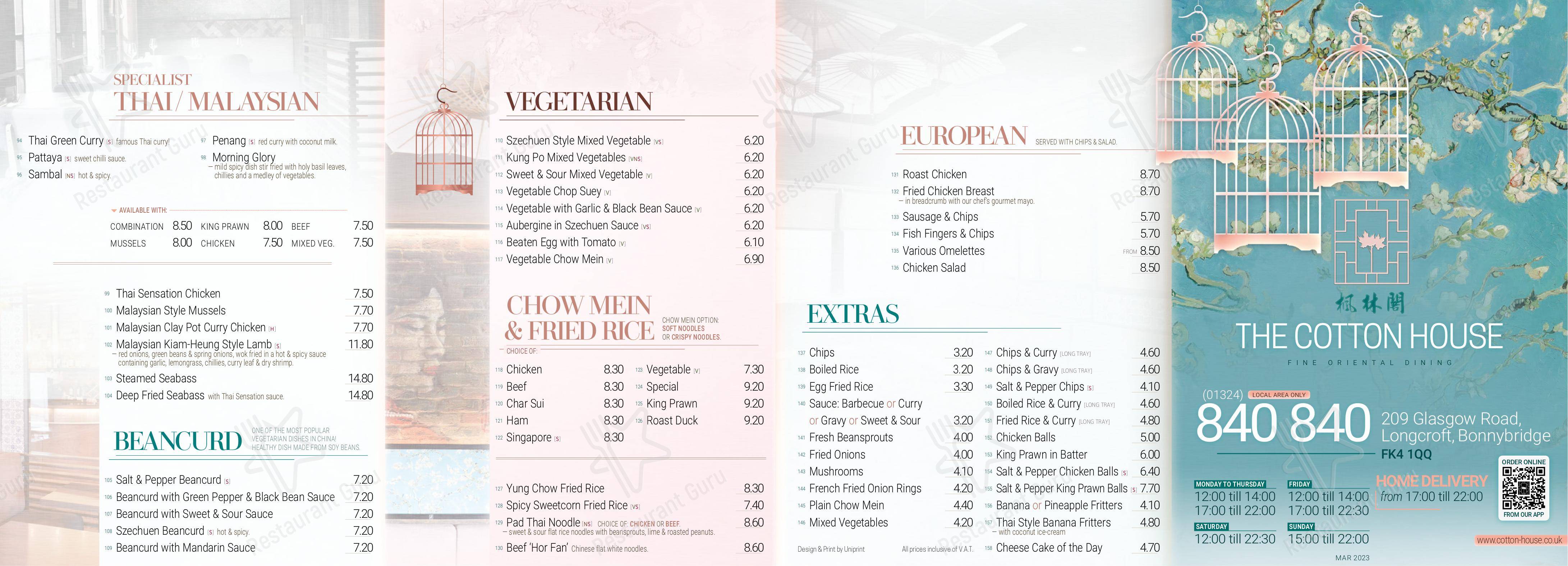 Menu at The Cotton House Chinese & Thai Restaurant, Bonnybridge