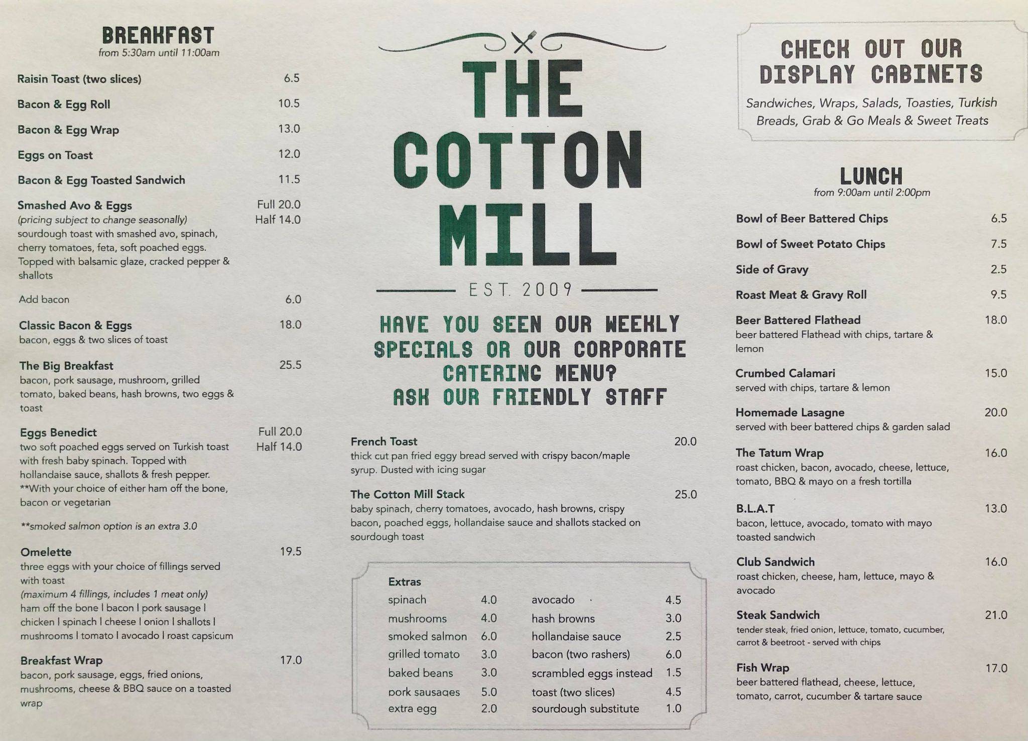 Menu at The Cotton Mill Gladstone restaurant, Gladstone Central