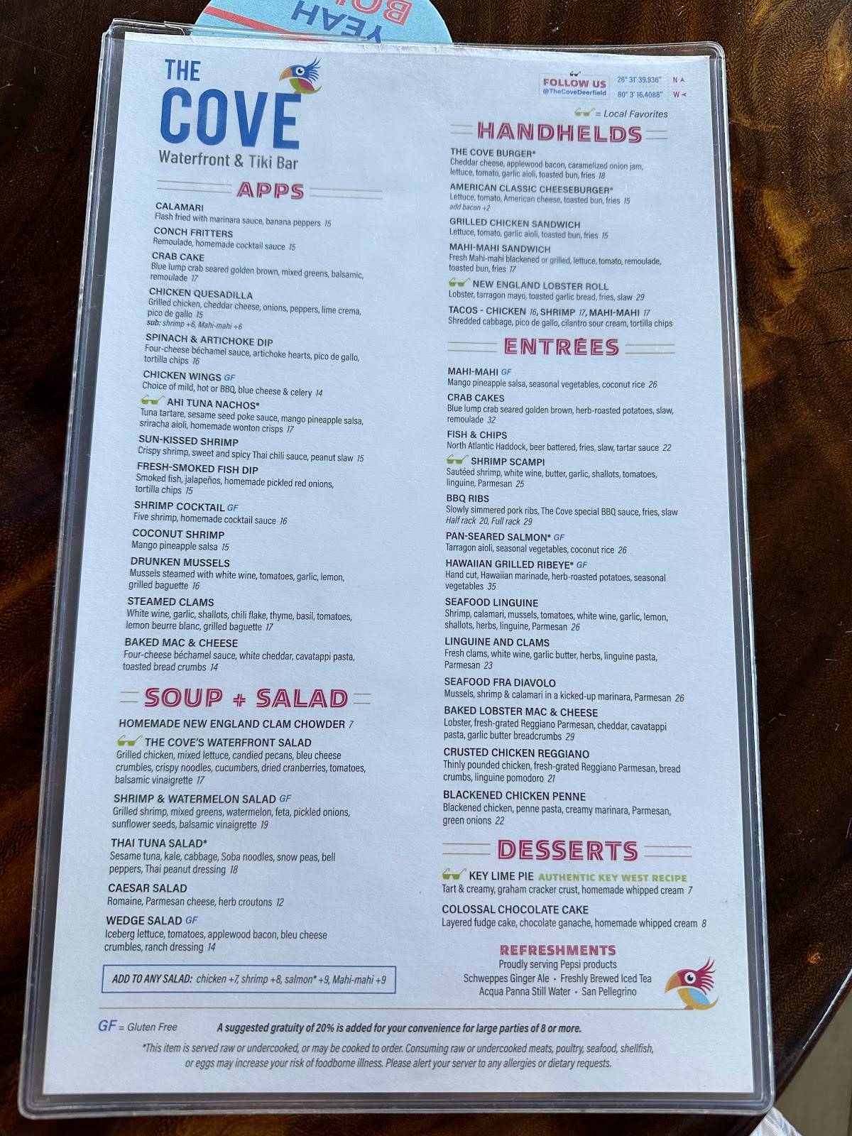 Menu at The Cove Waterfront Restaurant and Tiki Bar, Deerfield Beach