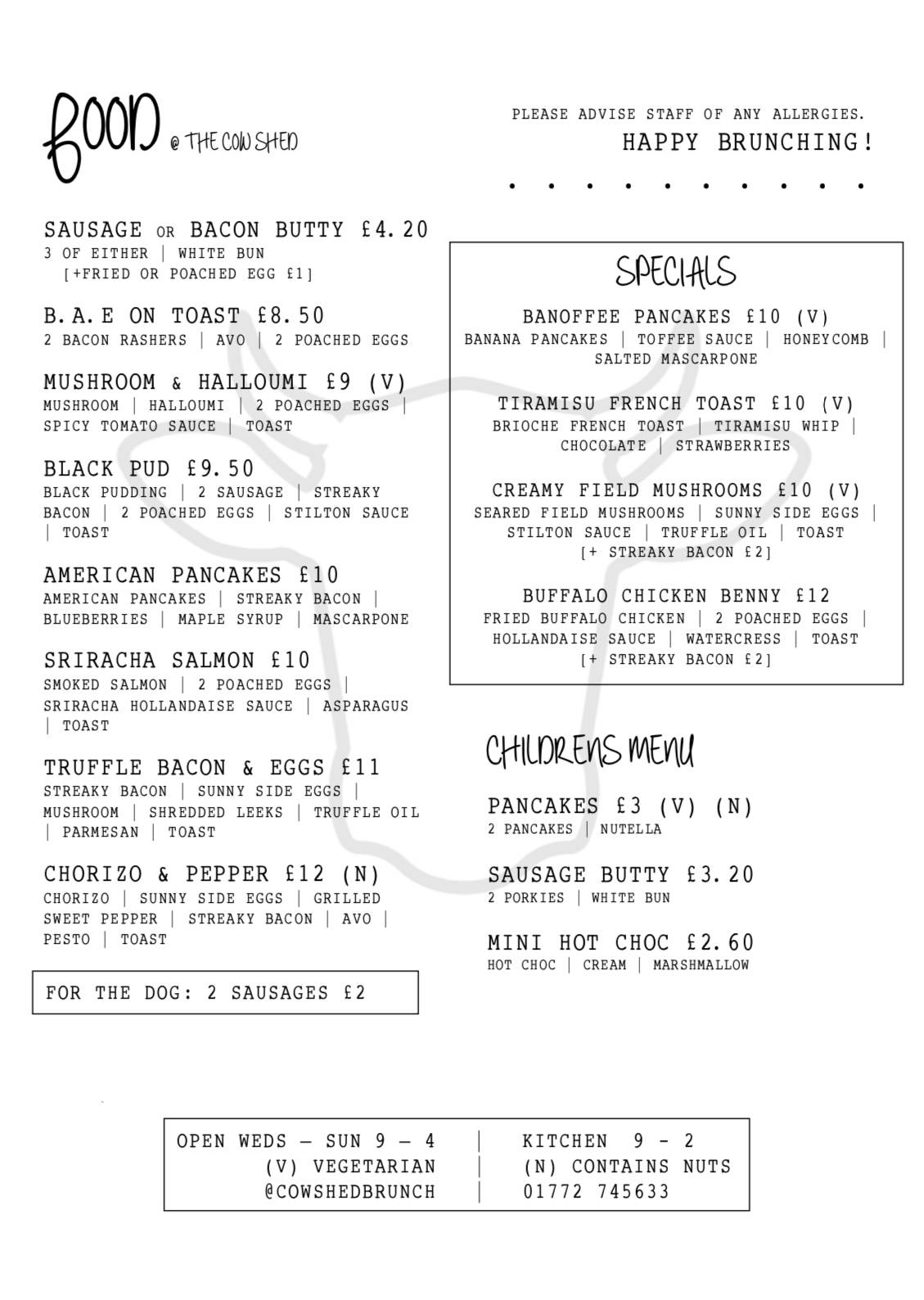 Menu at The Cow Shed cafe, Preston
