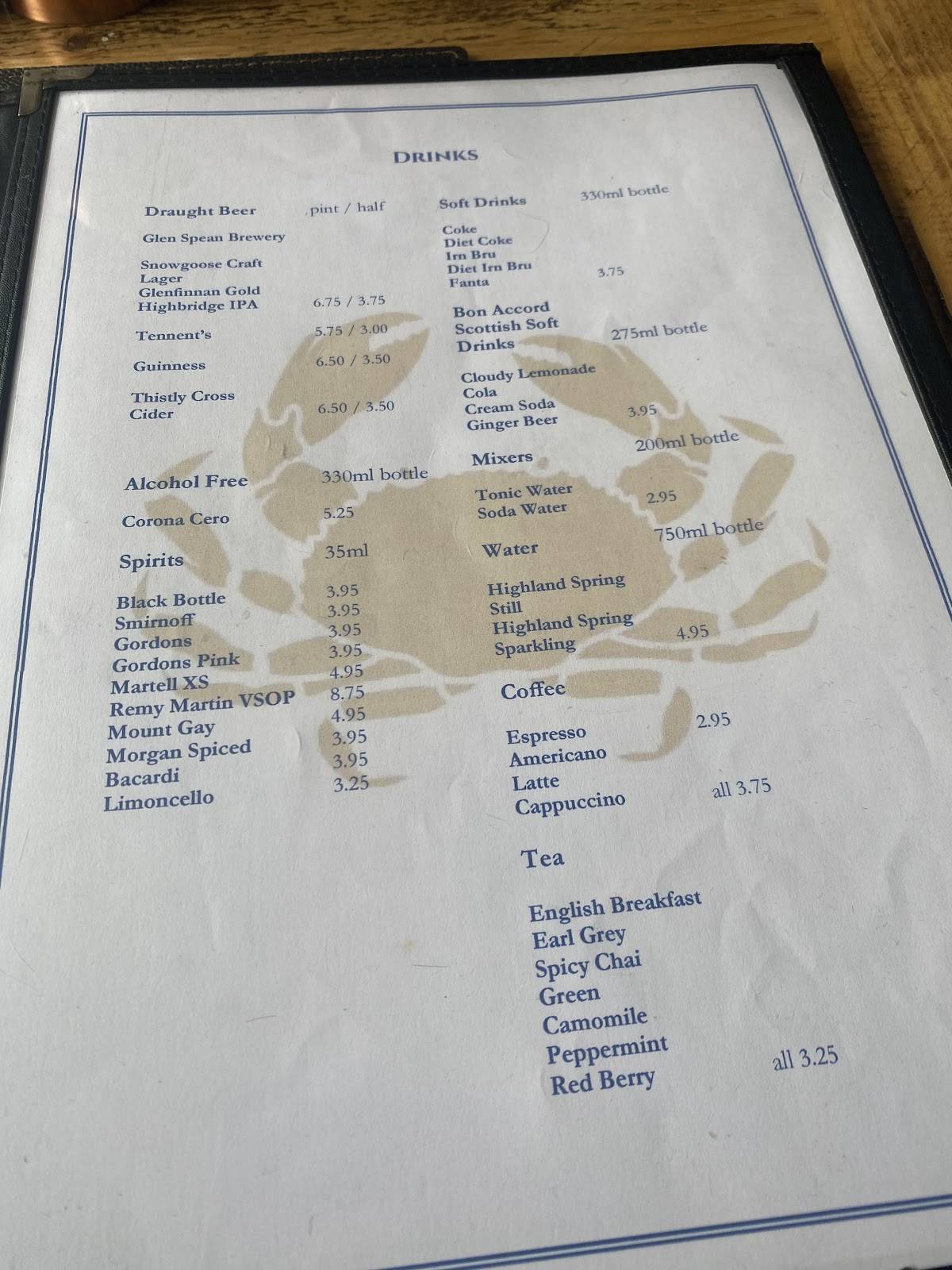 Menu at The Crab & Creel restaurant, Mallaig