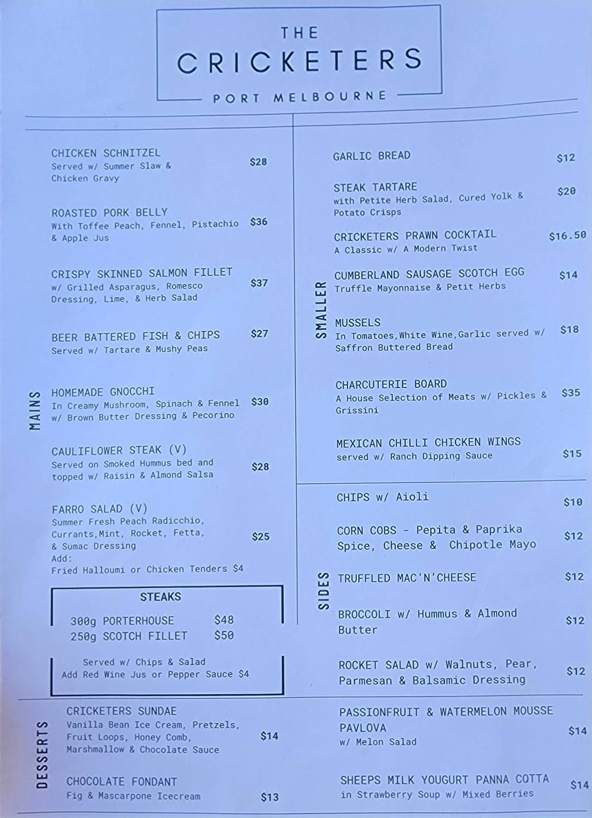 Carta del pub y bar The Cricketers Port Melbourne, Port Melbourne