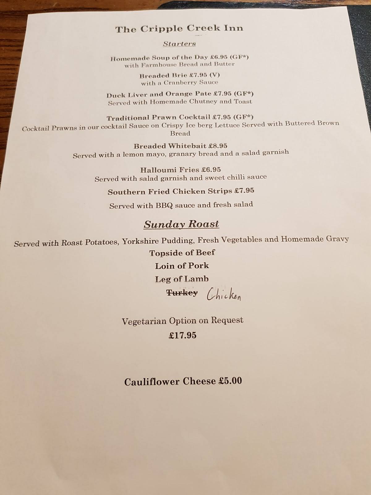 Menu at The Cripple Creek Inn pub & bar, Raglan