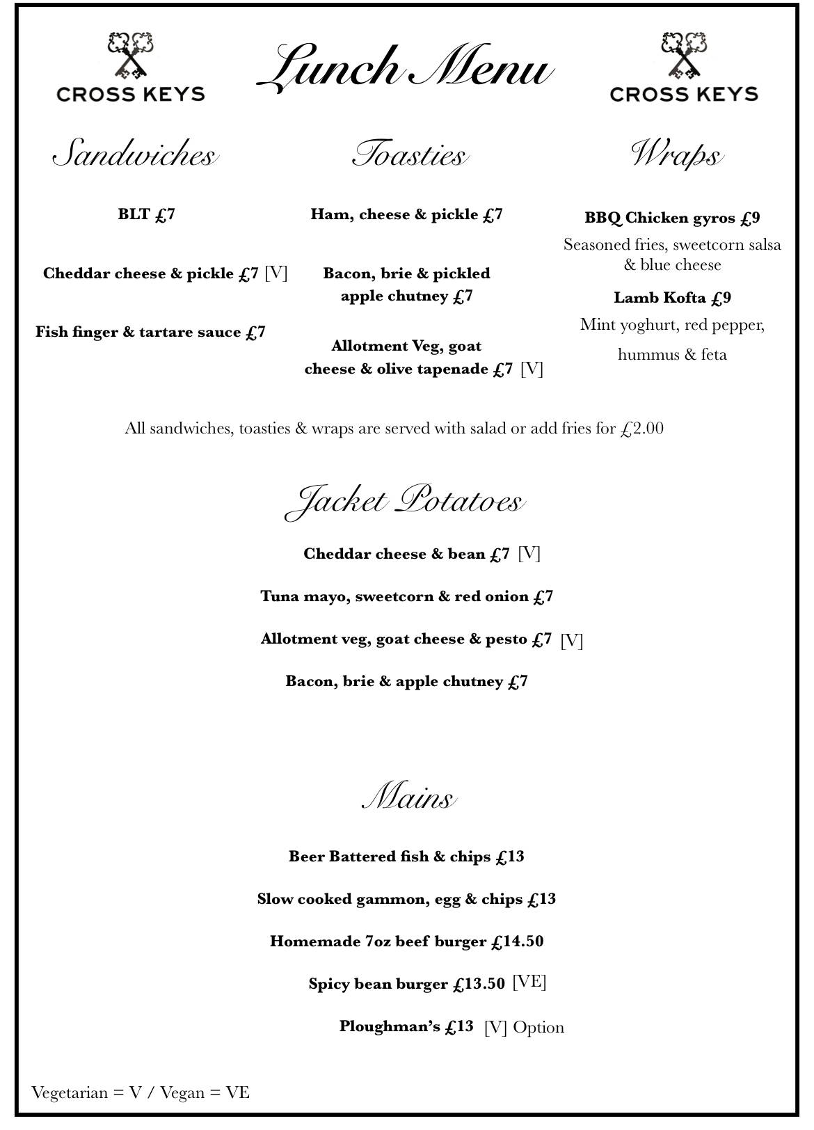 Menu at The Cross Keys pub & bar, Swindon, 5 Burycroft