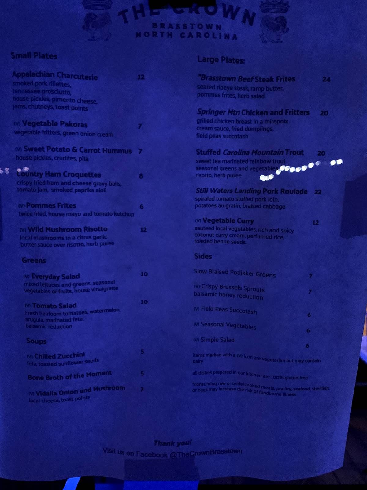Menu at The Crown Restaurant, Brasstown