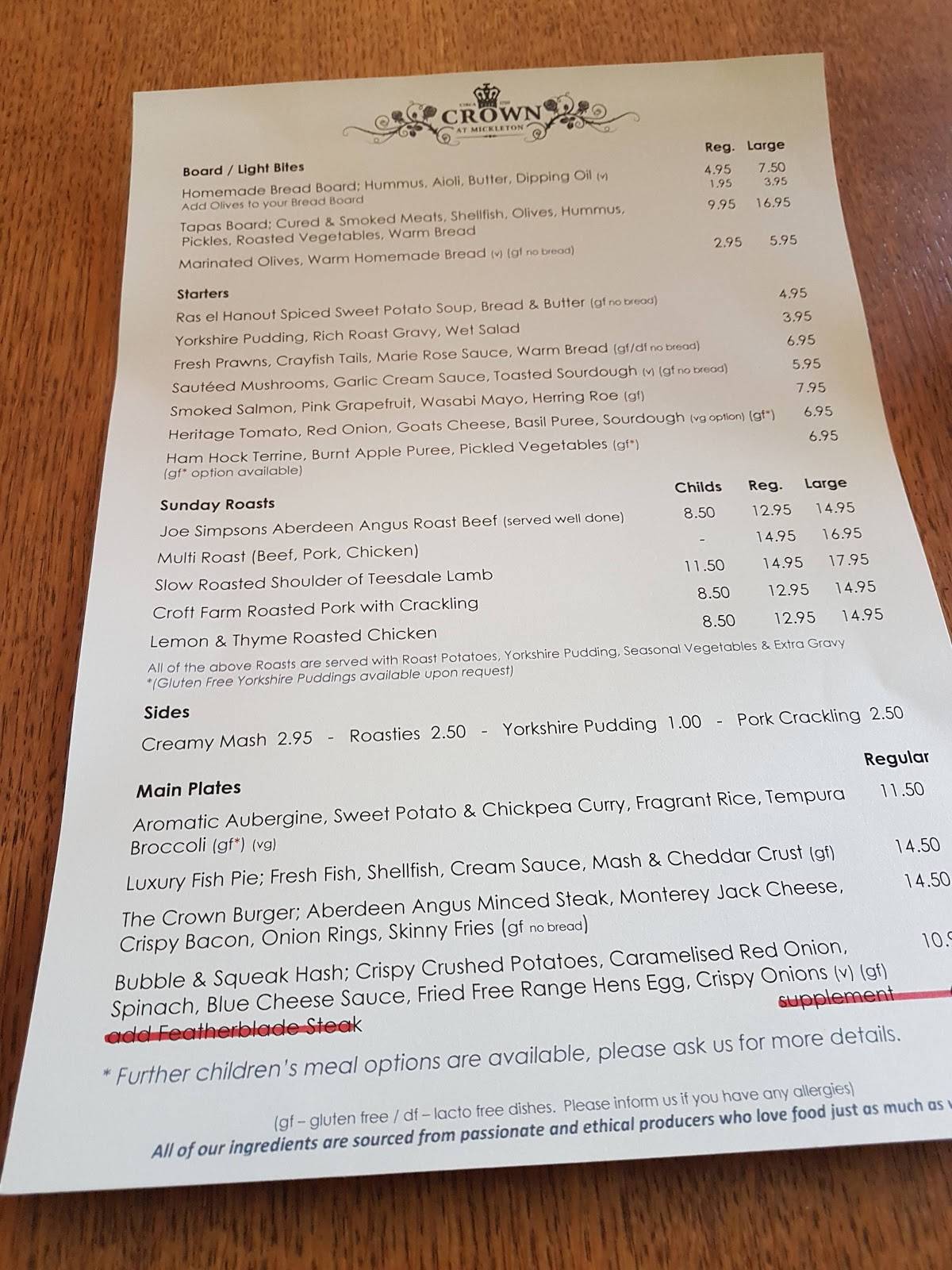 Menu at The Crown at Mickleton pub & bar, Middleton-in-Teesdale, Mickleton