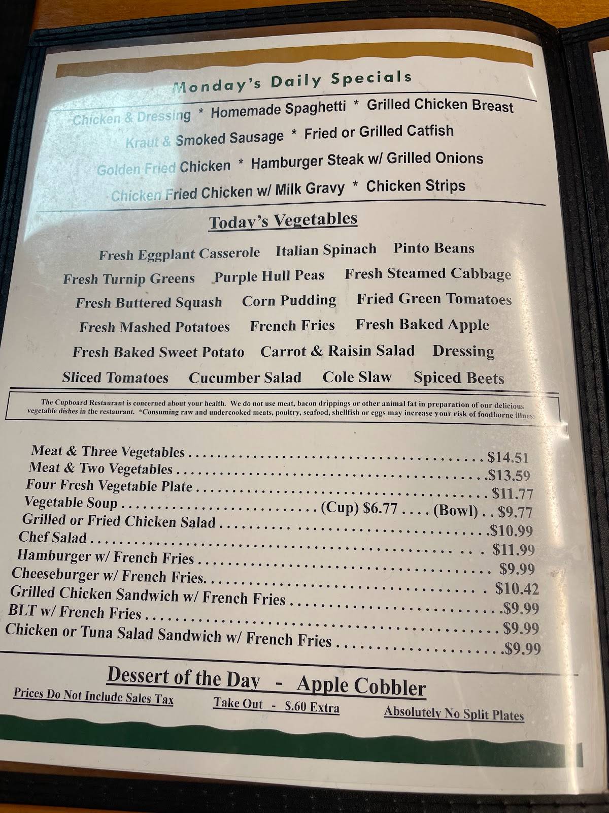 Menu at The Cupboard Restaurant, Memphis