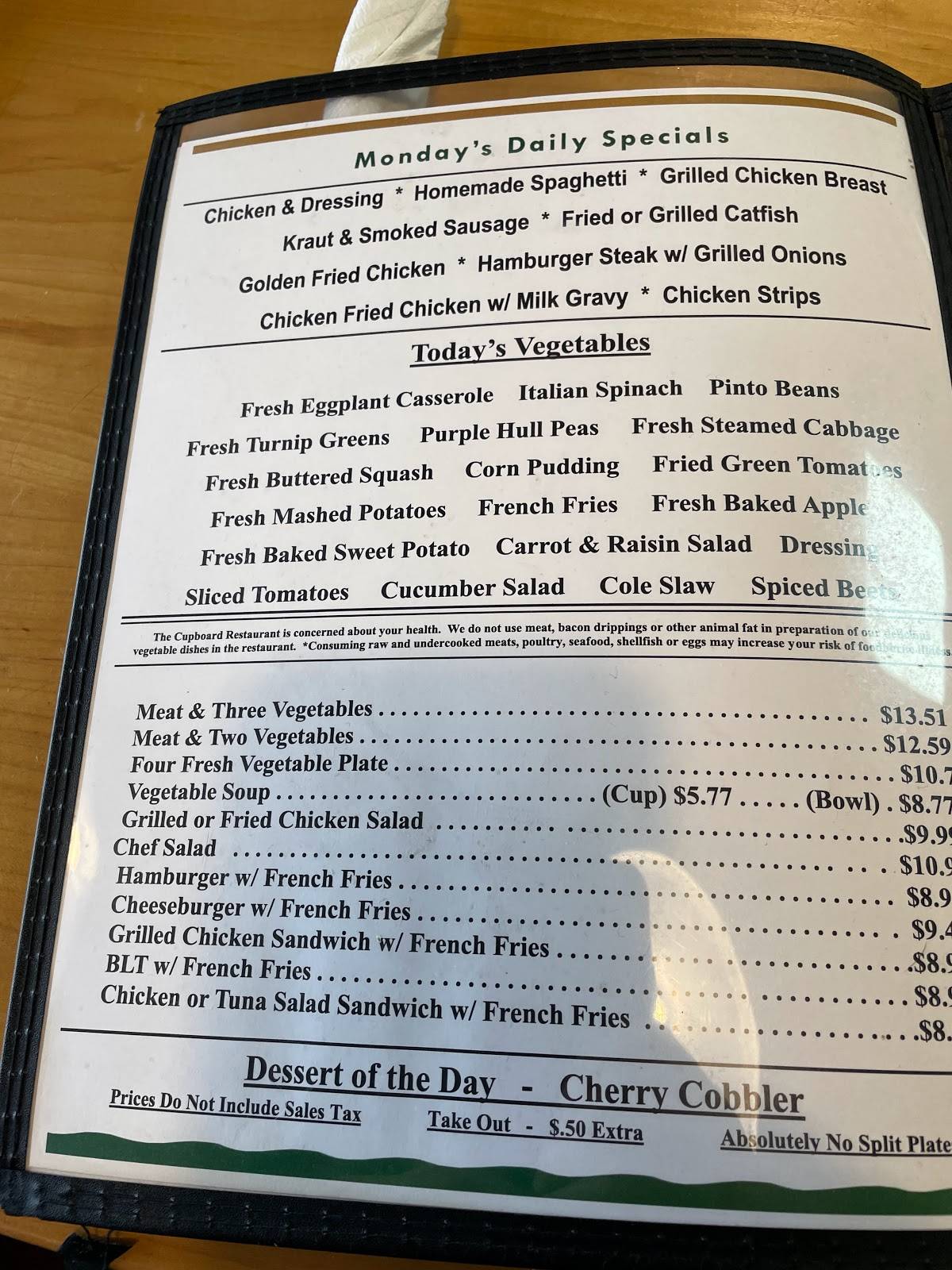 Menu at The Cupboard Restaurant, Memphis