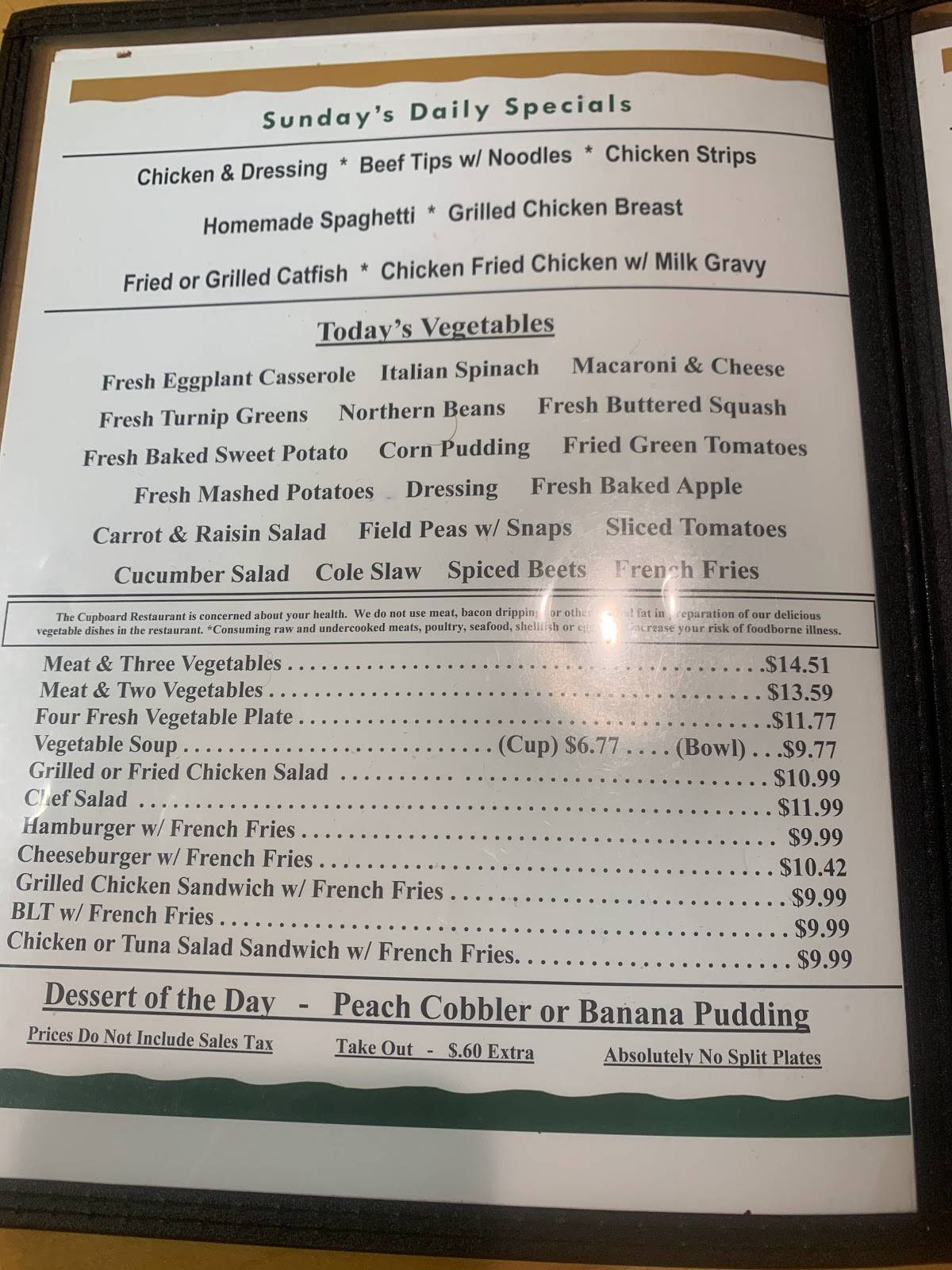 Menu at The Cupboard Restaurant, Memphis