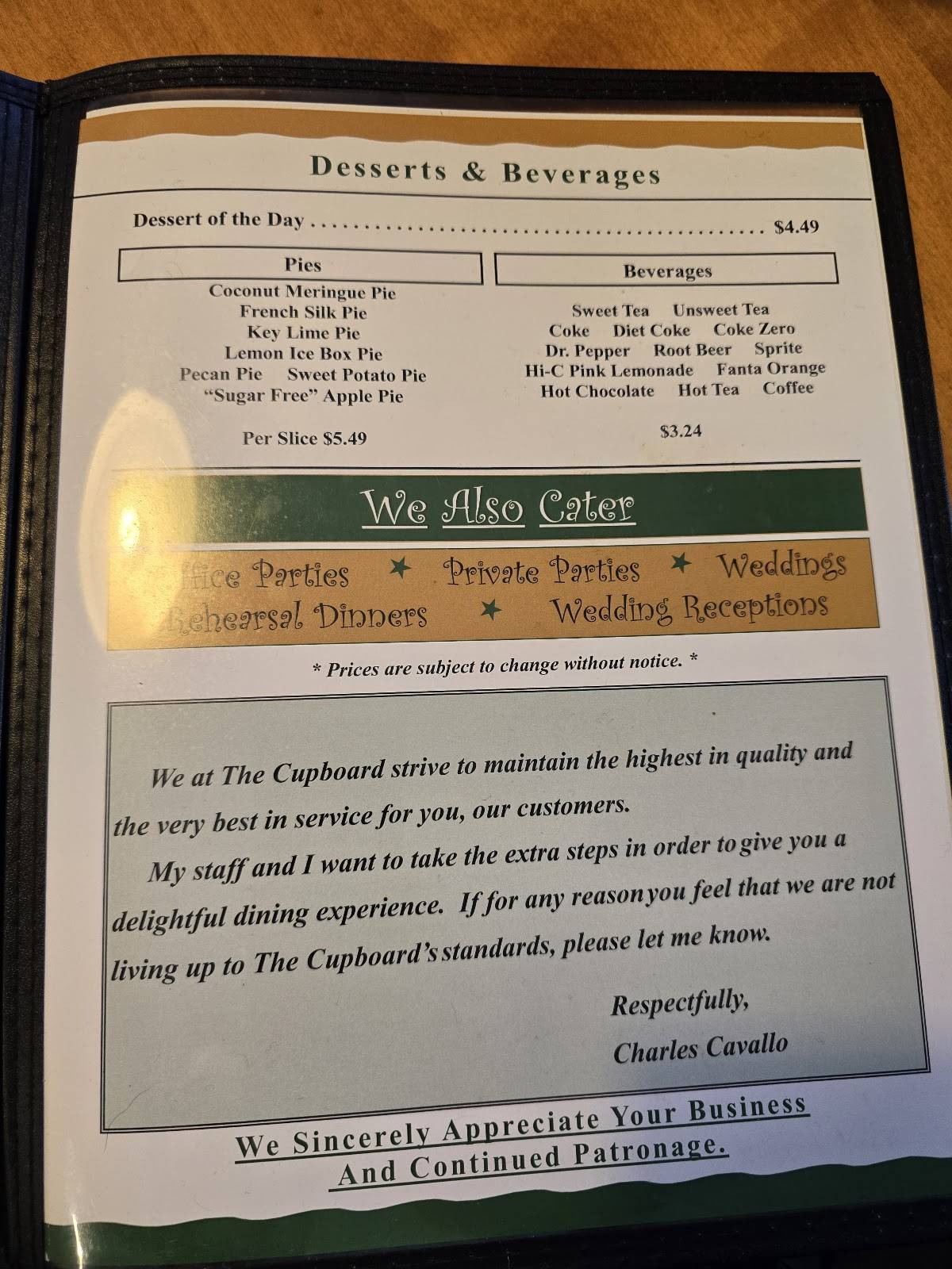 Menu at The Cupboard Restaurant, Memphis