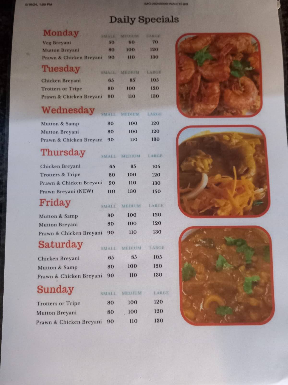 Menu at The Curry O's Moseley/Northdene restaurant, Pinetown