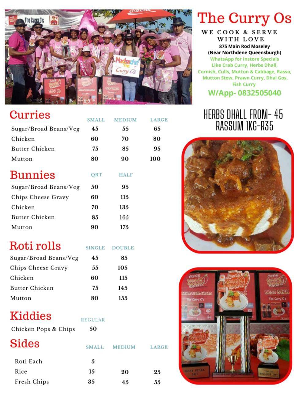 Menu at The Curry O's restaurant, Pinetown