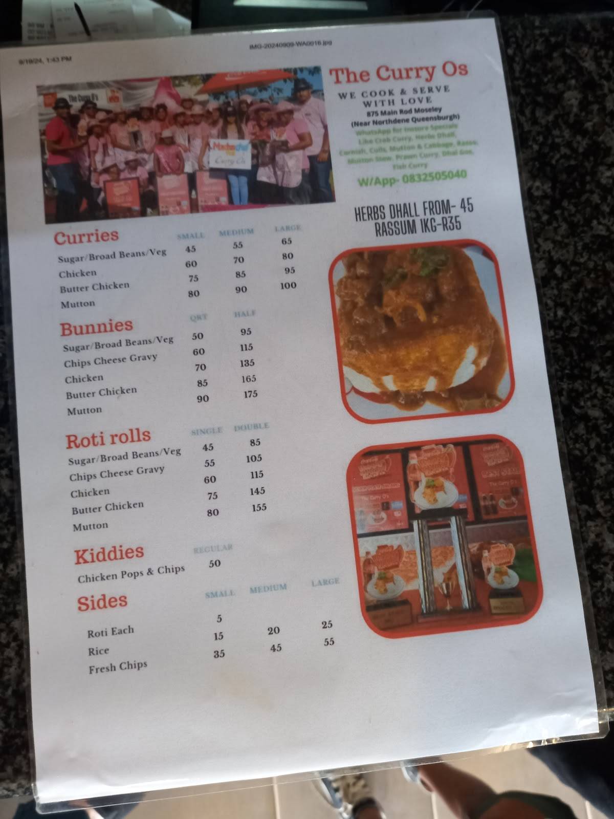 Menu at The Curry O's Moseley/Northdene restaurant, Pinetown