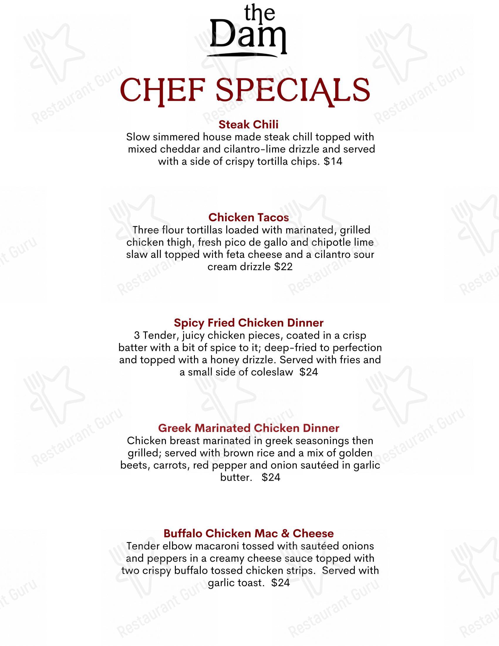 Menu at The Dam Restaurant & Bar, South Slocan