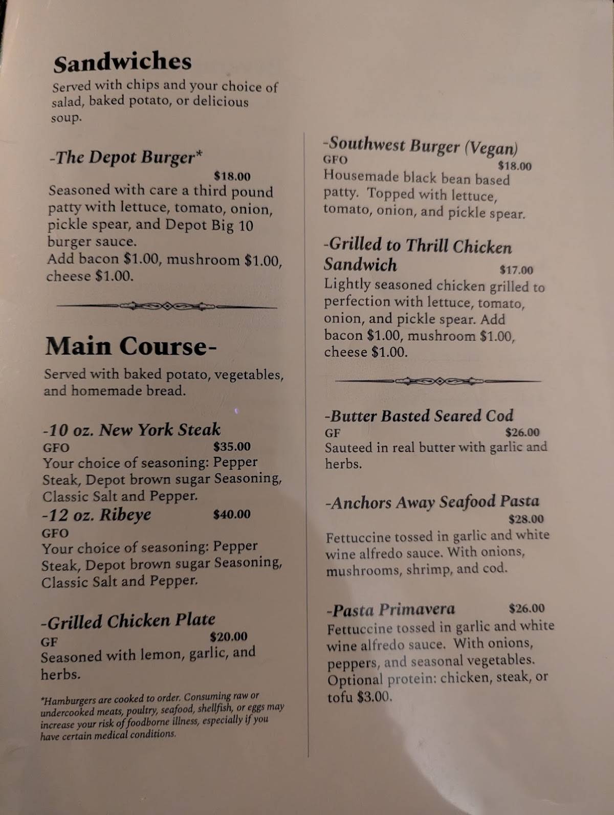 Menu at The Depot steakhouse, La Grande
