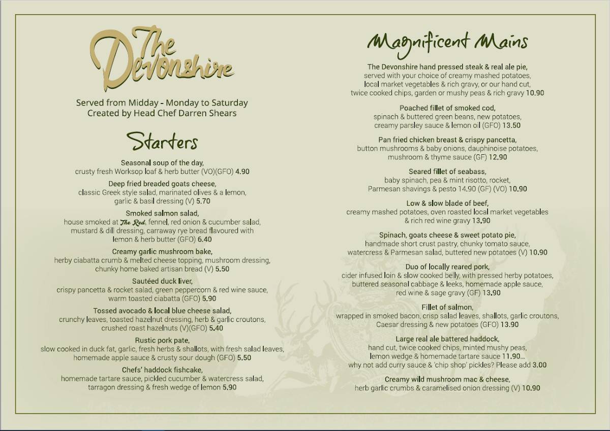 Menu at The Devonshire pub & bar, Nether Langwith, Rectory Rd