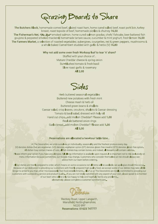 Menu at The Devonshire pub & bar, Nether Langwith, Rectory Rd