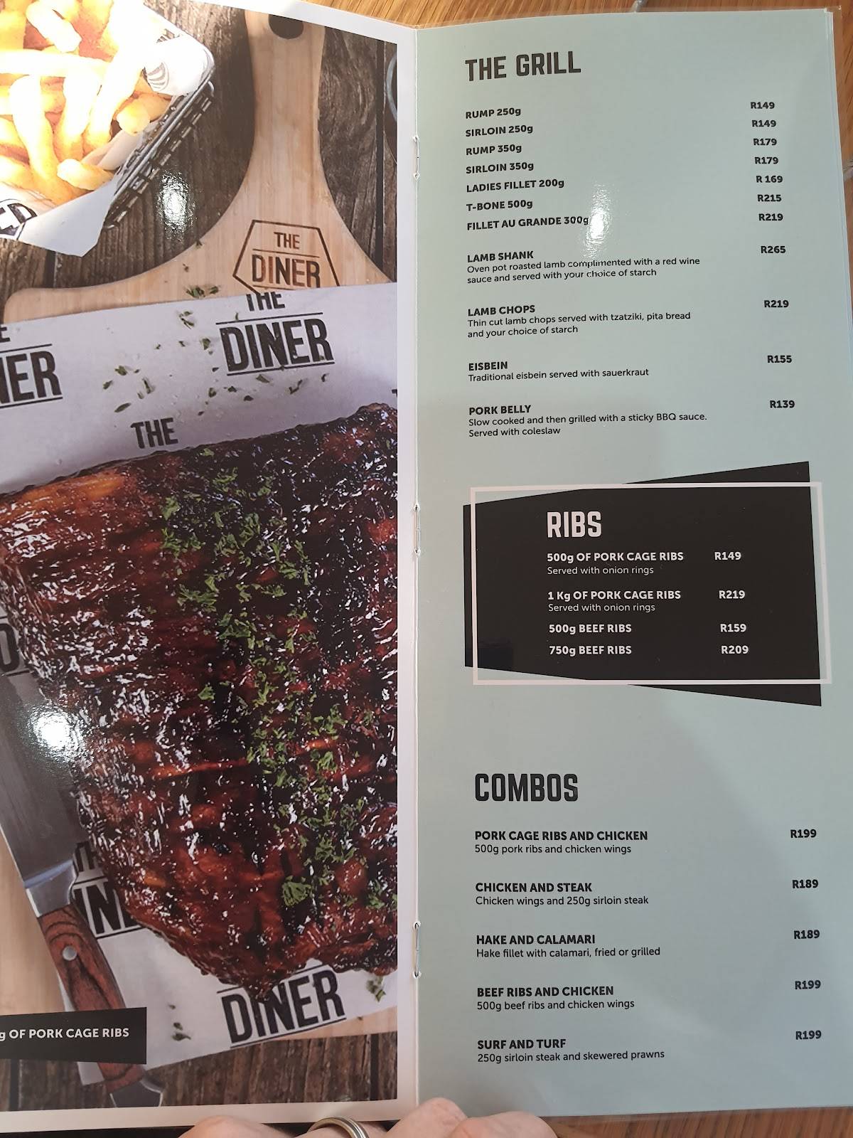 Menu at The Diner restaurant, Krugersdorp