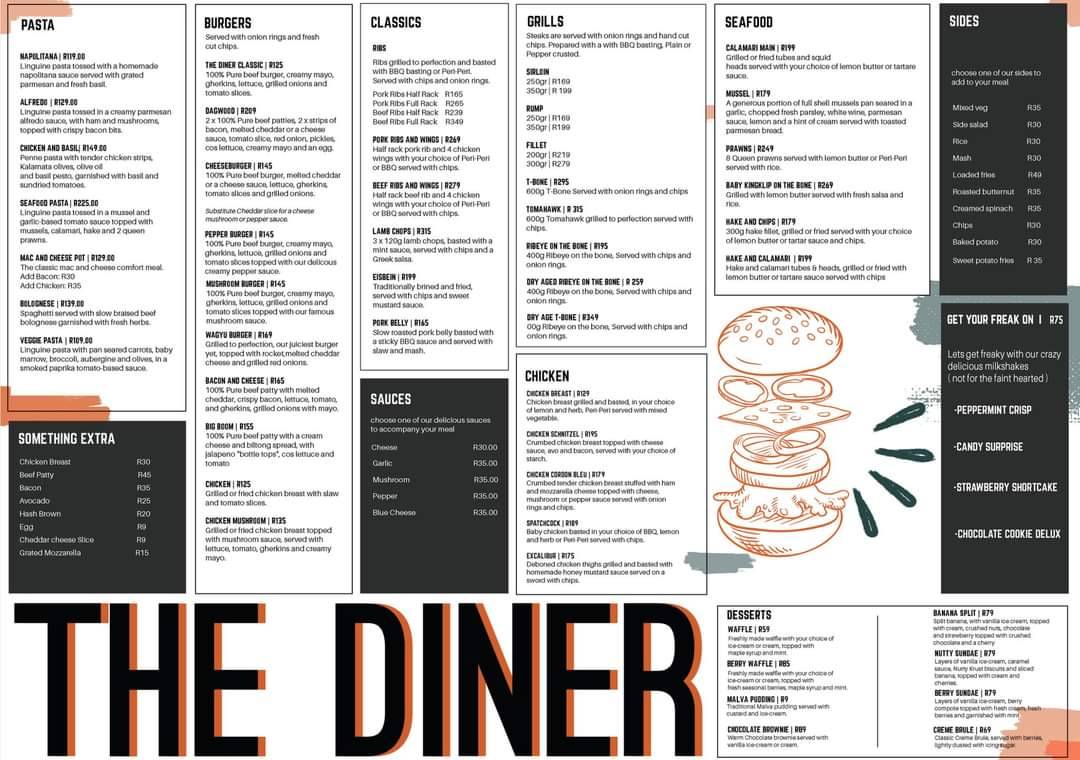 Menu at The Diner restaurant, Krugersdorp