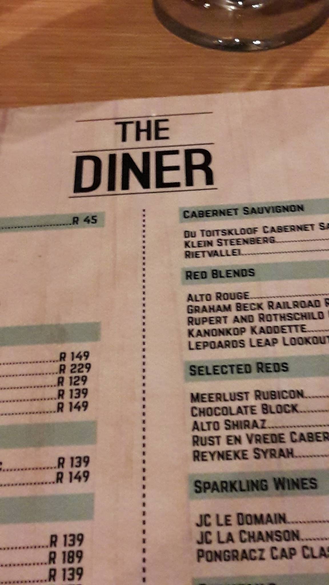 Menu at The Diner restaurant, Krugersdorp