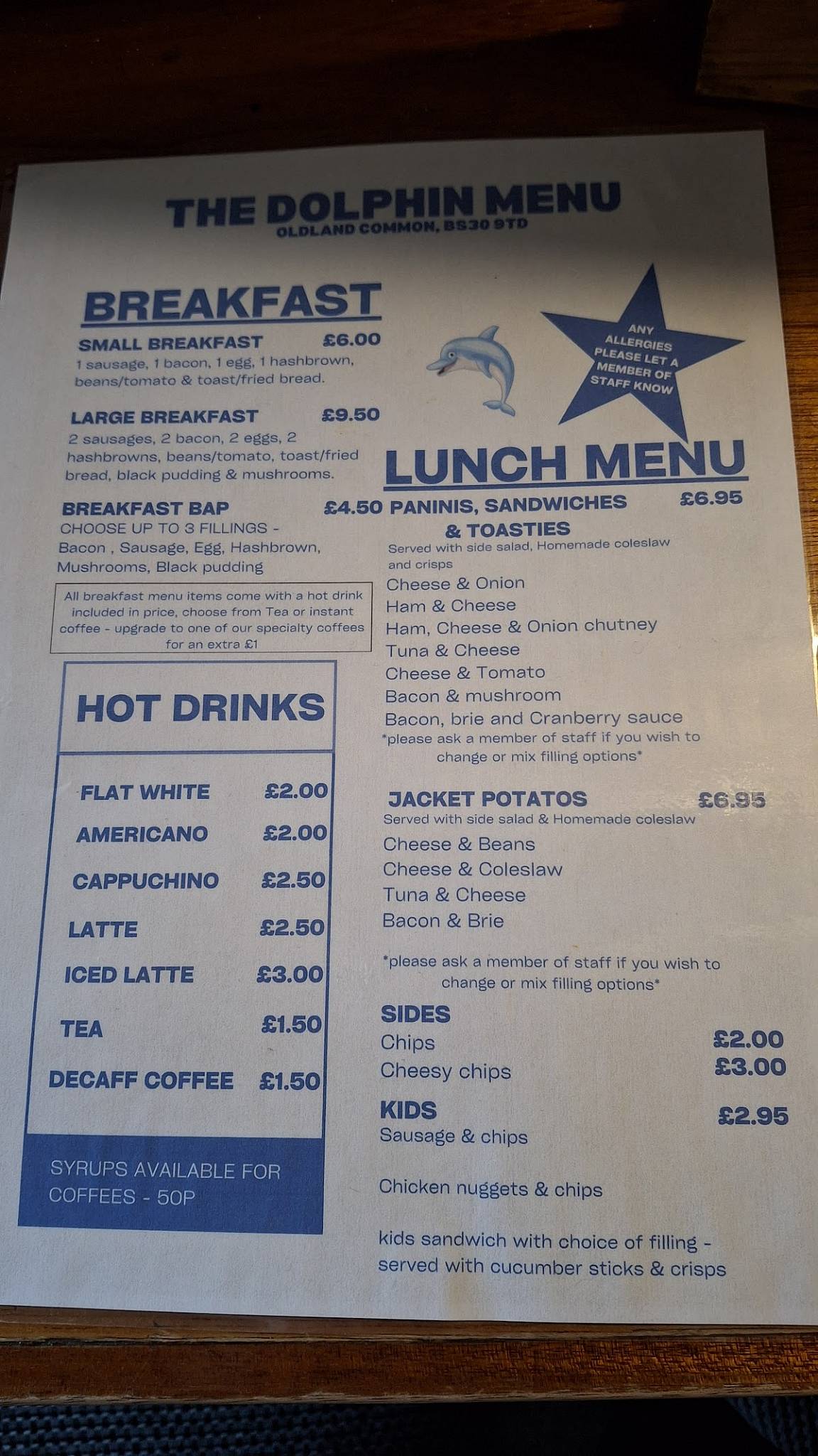 Menu at The Dolphin Inn pub & bar, Bristol, 141 High St